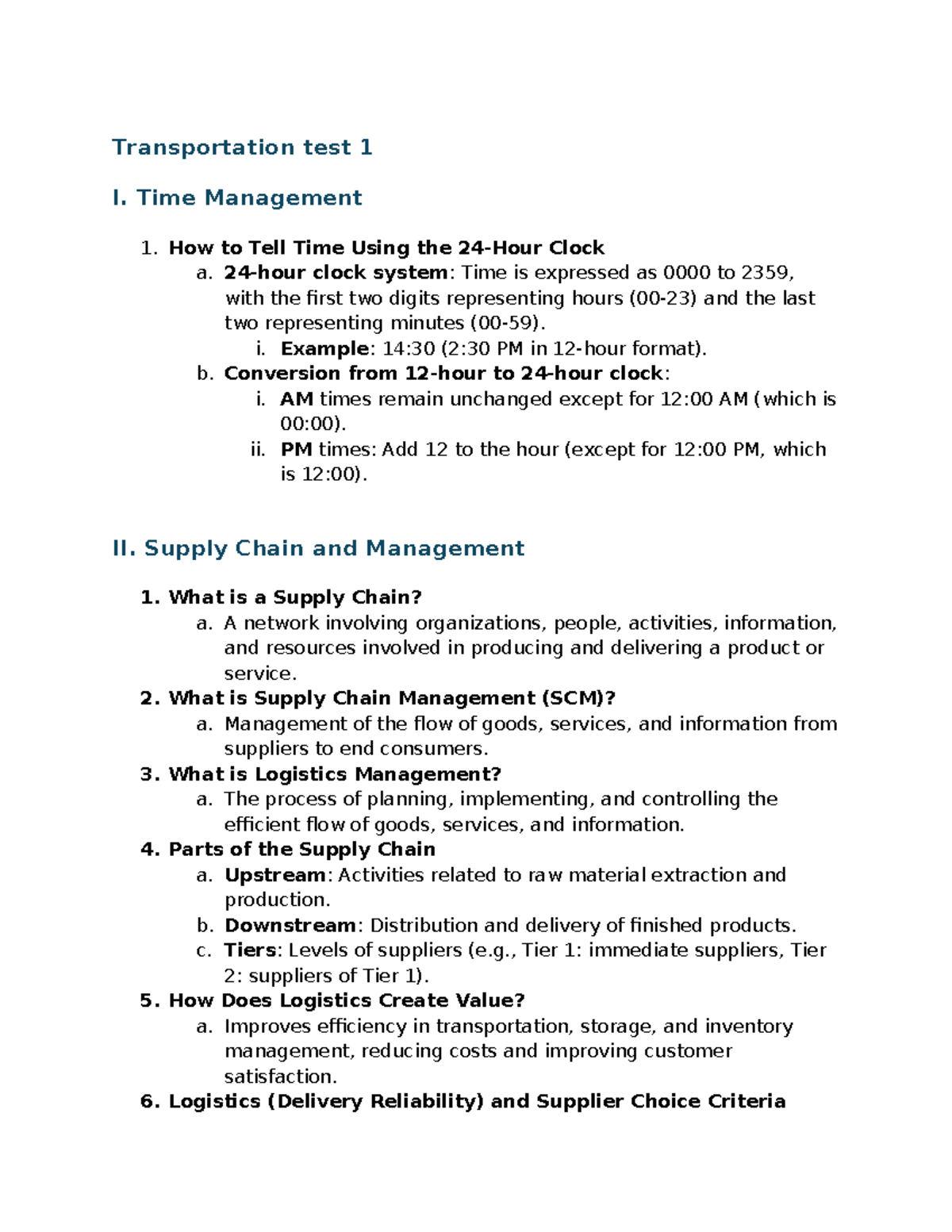 TBD: Transportation Management Test 1 Overview & Key Concepts - Studocu