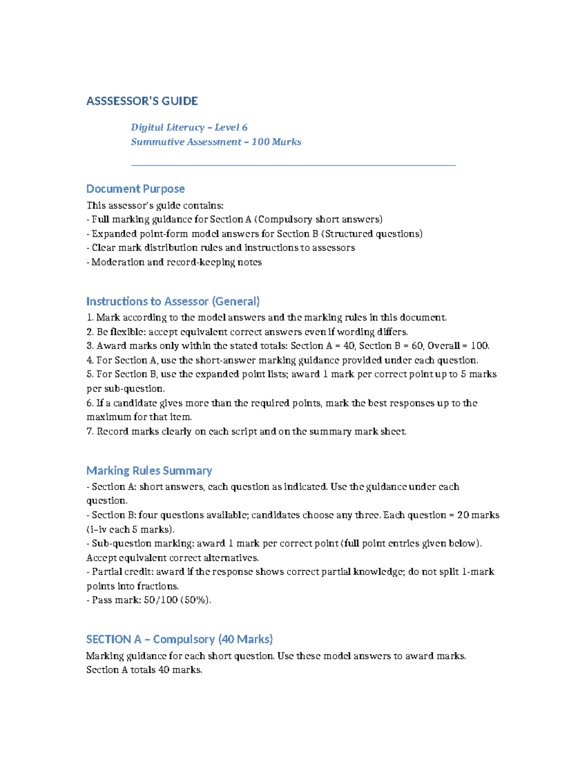 DIGITAL LITERACY LEVEL 6 ASSESSOR'S GUIDE - SUMMATIVE 100 MARKS - Studocu