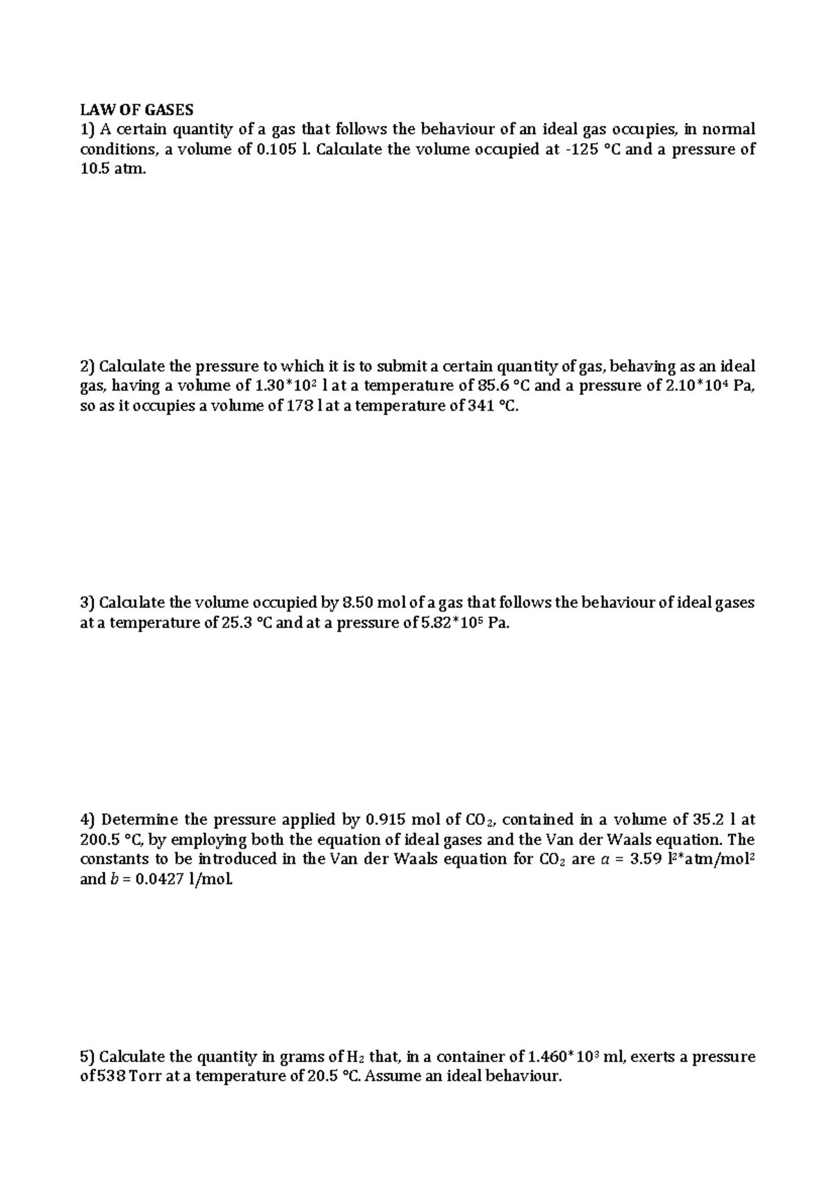 Gas Law Exercises for Ideal Gases - Chemistry 101 - Studocu