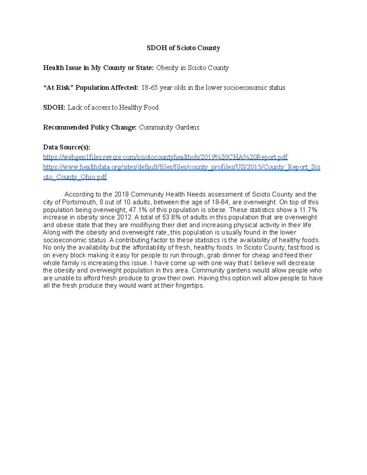 SDOH Summary and plan - SDOH of Scioto County Health Issue in My County ...