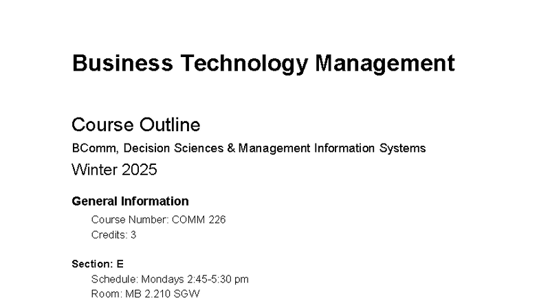 COMM 226 Business Technology Management Course Outline Winter 2025 - Studocu