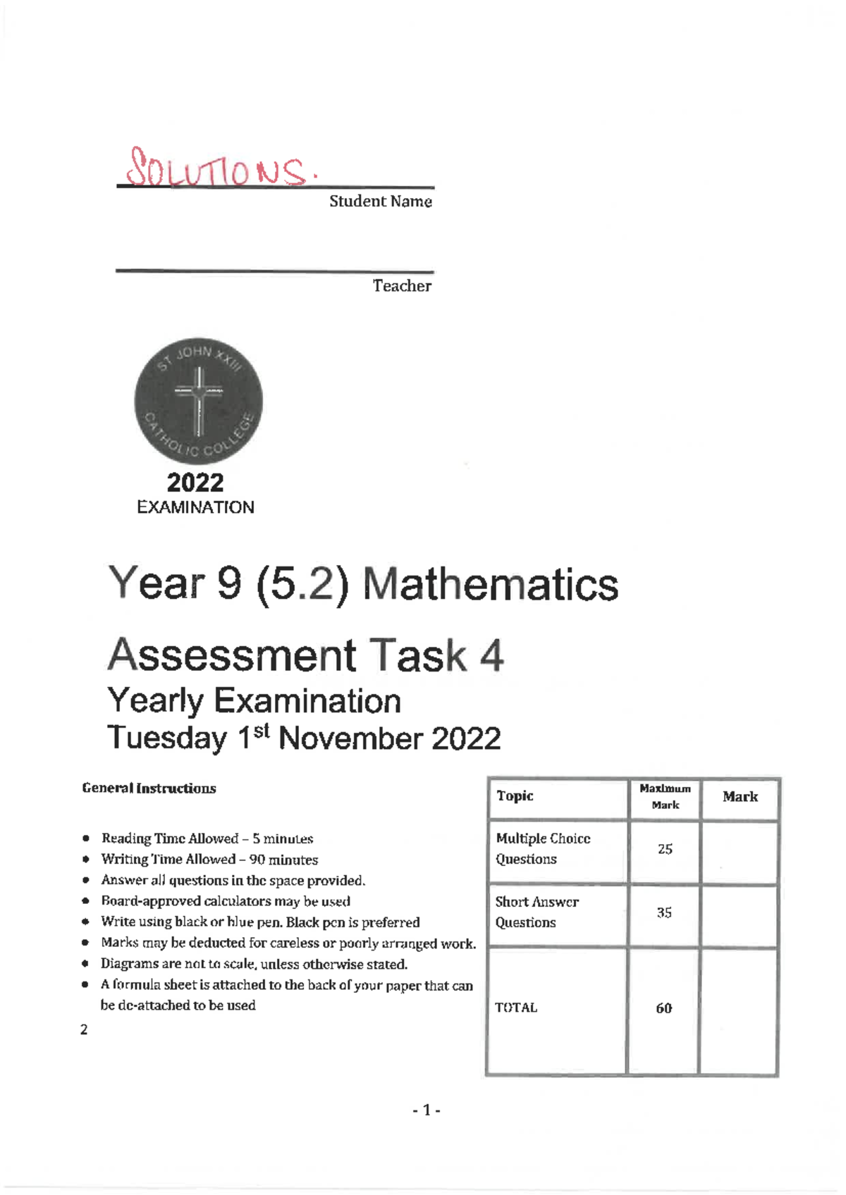 MATH 5.2 Year 9 Exam Solutions - Mathematics Assessment Task 4 - Studocu