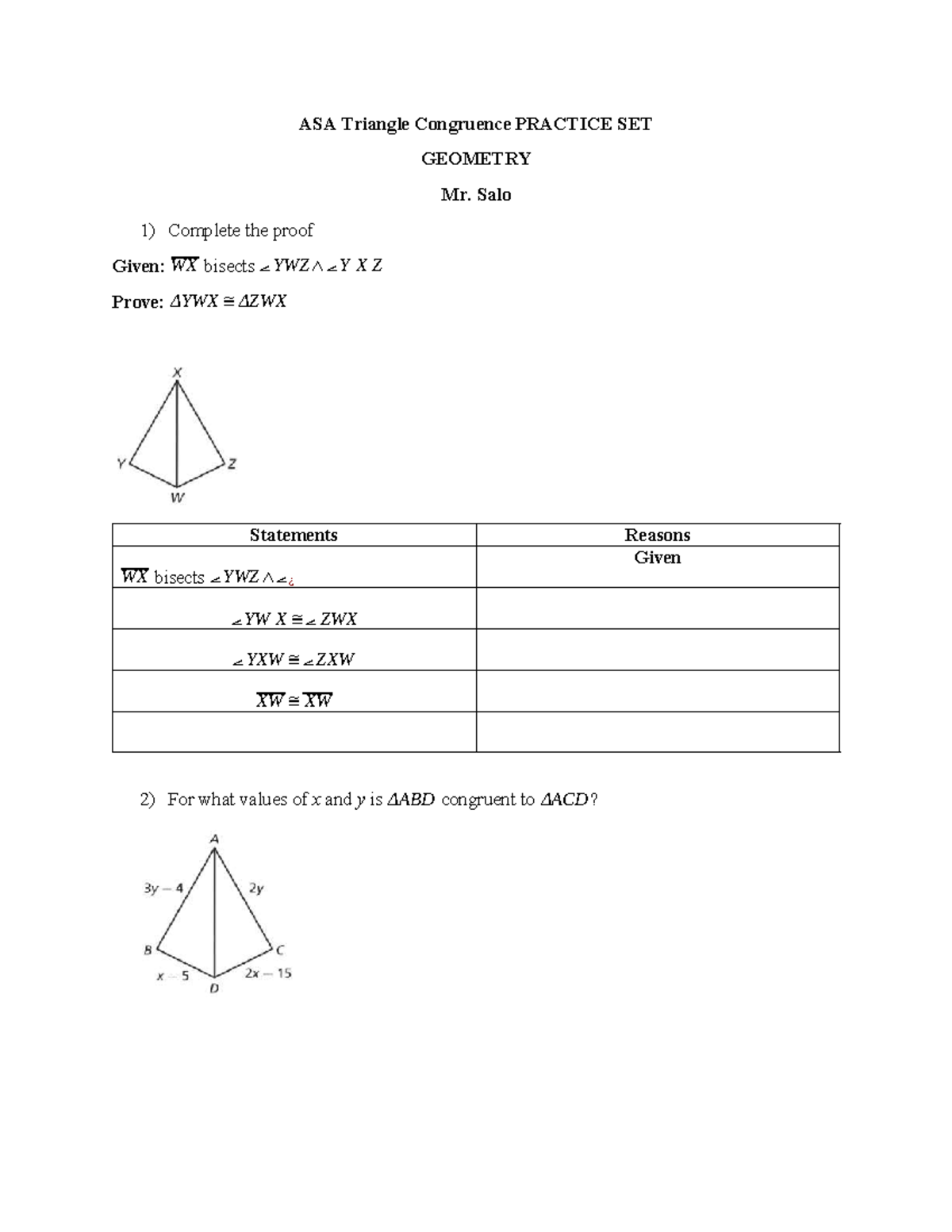 ASA Triangle Congruence Practice Set - Geometry - Studocu