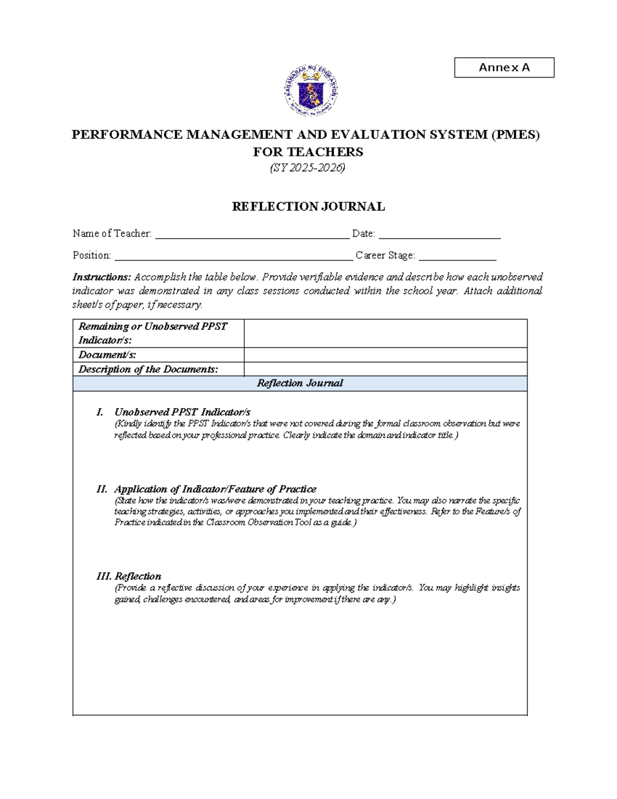 PMES Reflection Journal for Teachers: Unobserved Indicators Analysis ...