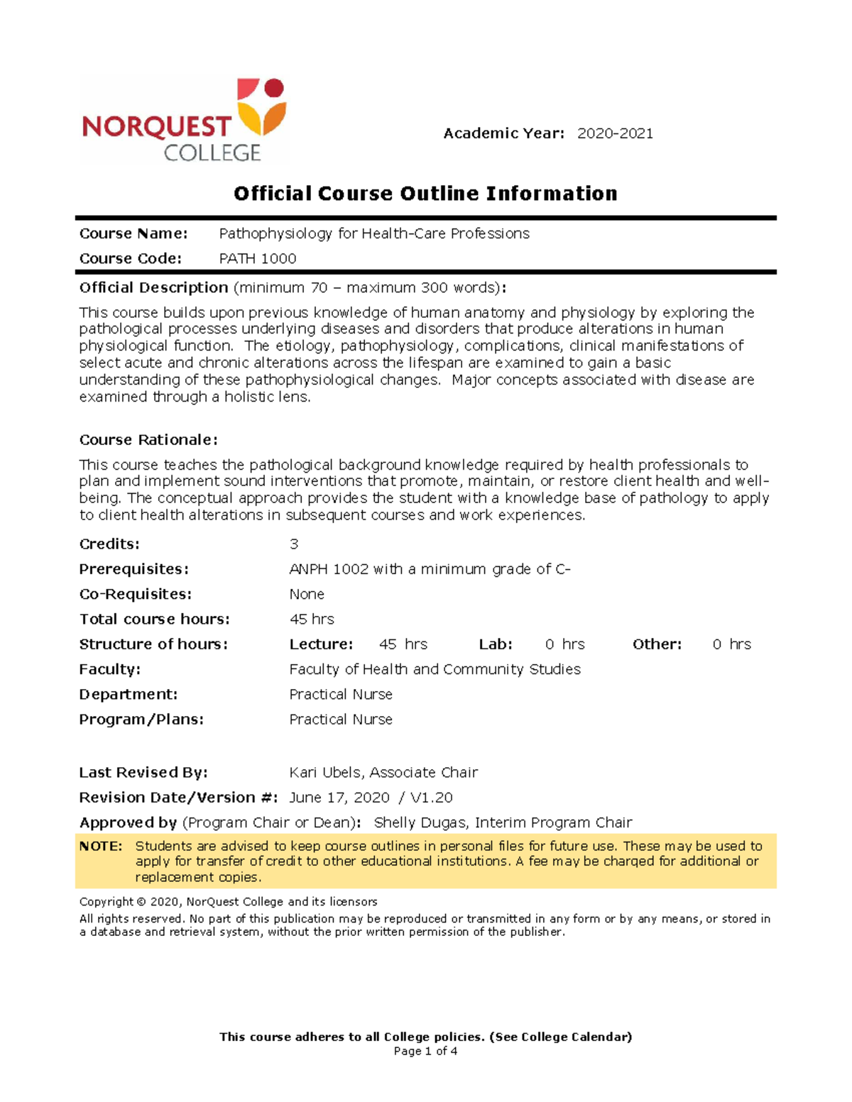 PATH 1000 Course Outline: Pathophysiology for Professions - Studocu
