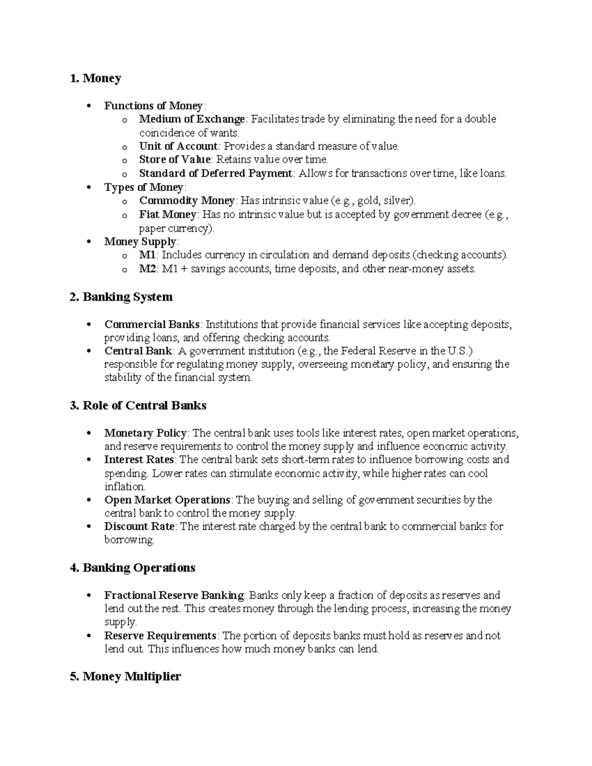 Money and banking notes - 1. Money Functions of Money: o Medium of ...
