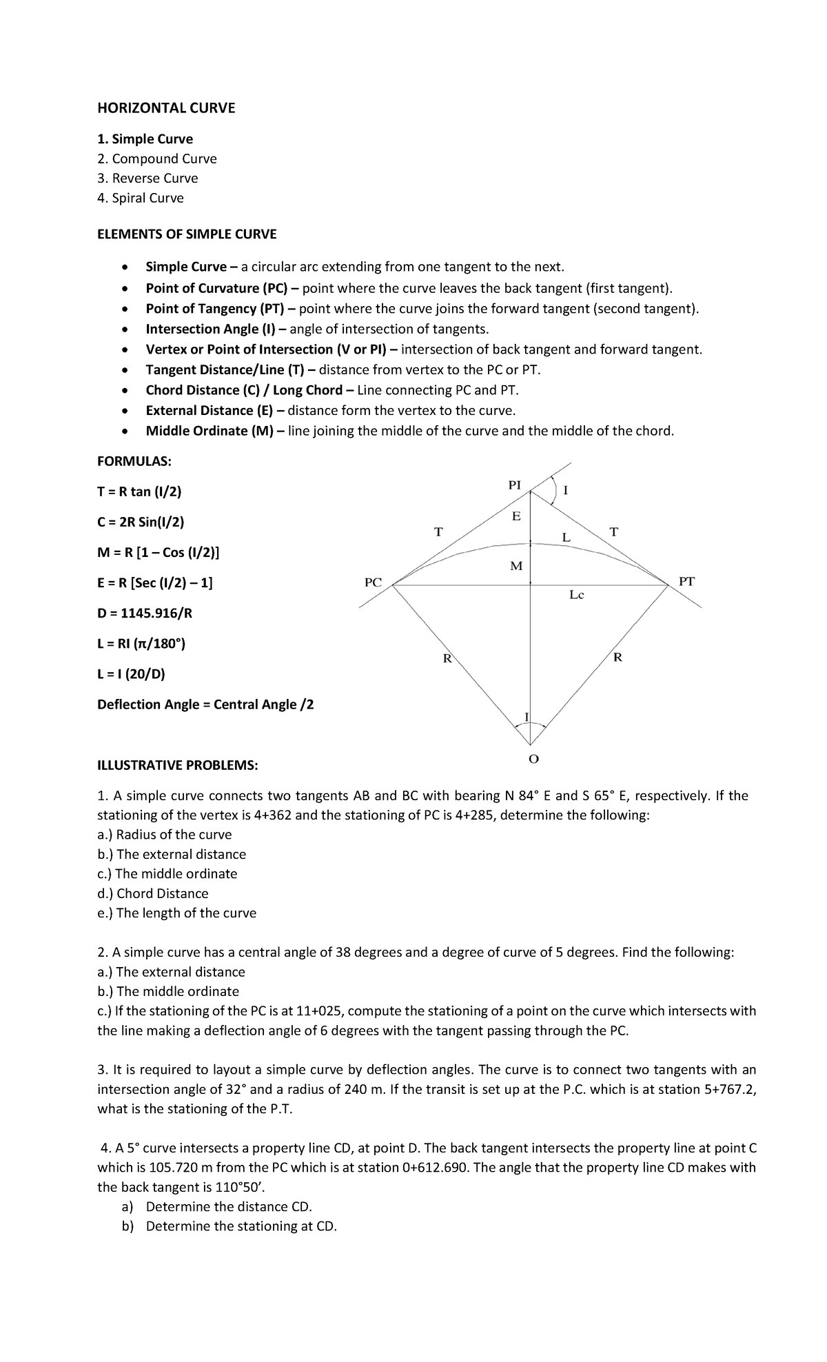Horizontal Curve Elements and Formulas - Handout-10 - Studocu