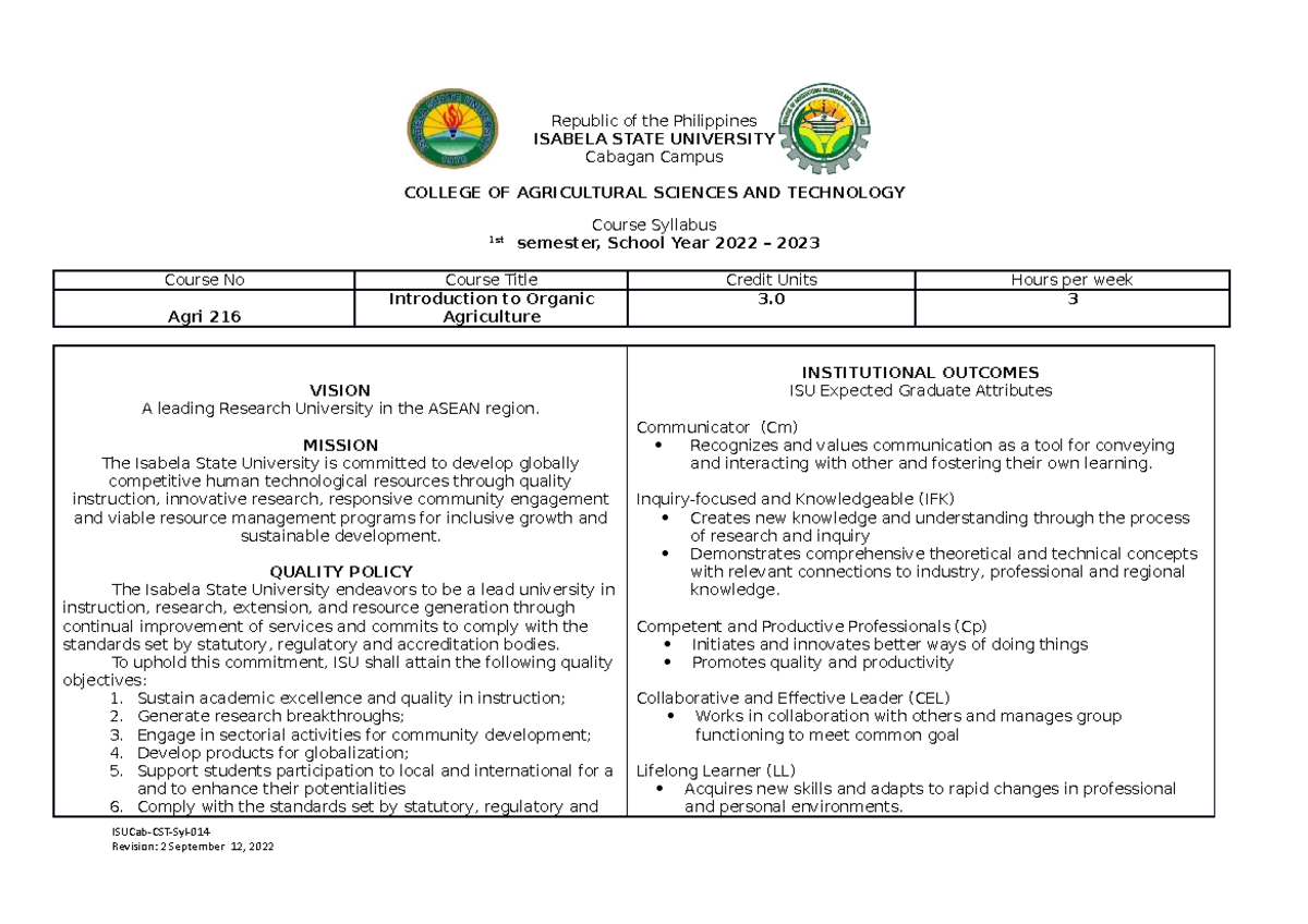 Syllabus for AGRI 216: Introduction to Organic Agriculture, 1st Sem ...
