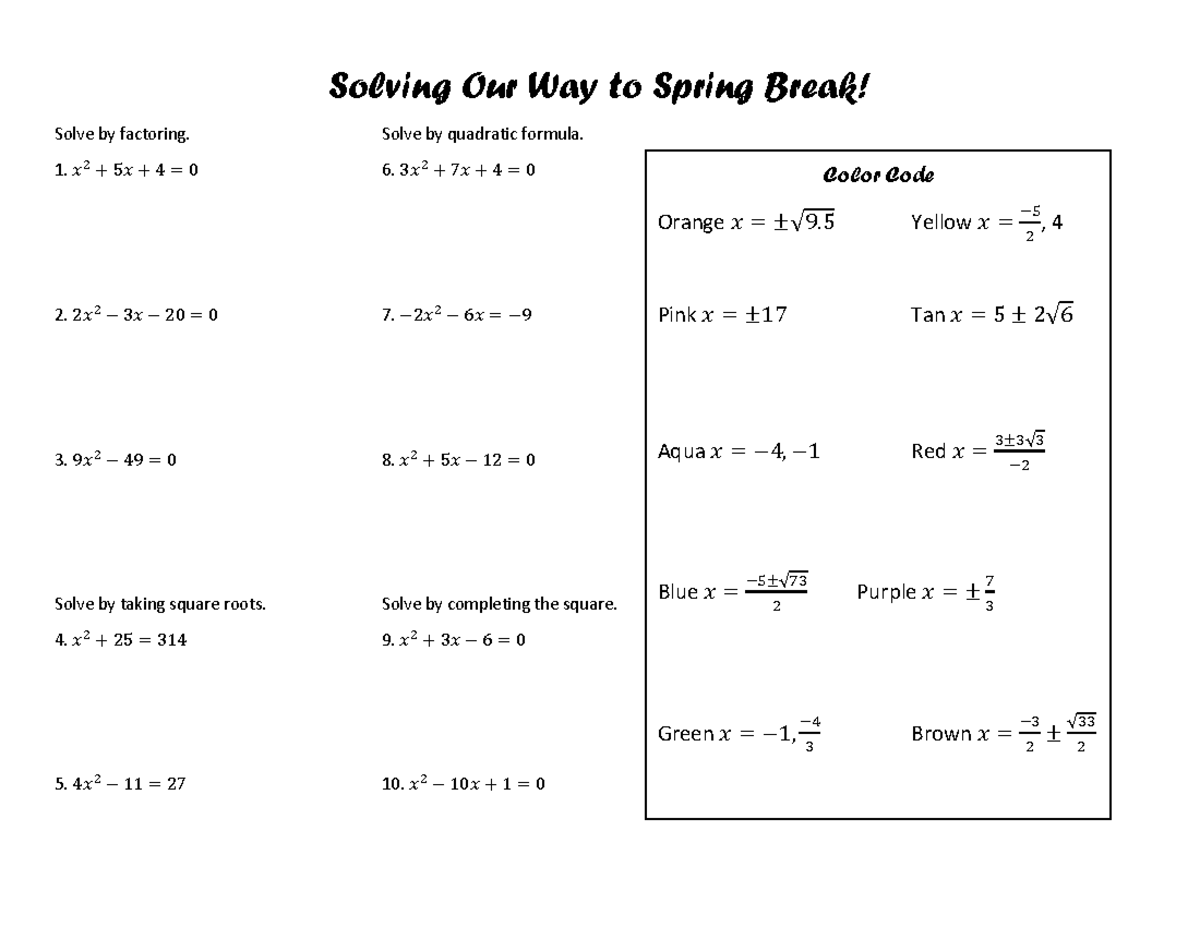 Math 101: Factoring & Quadratic Formula Review for Spring Break - Studocu