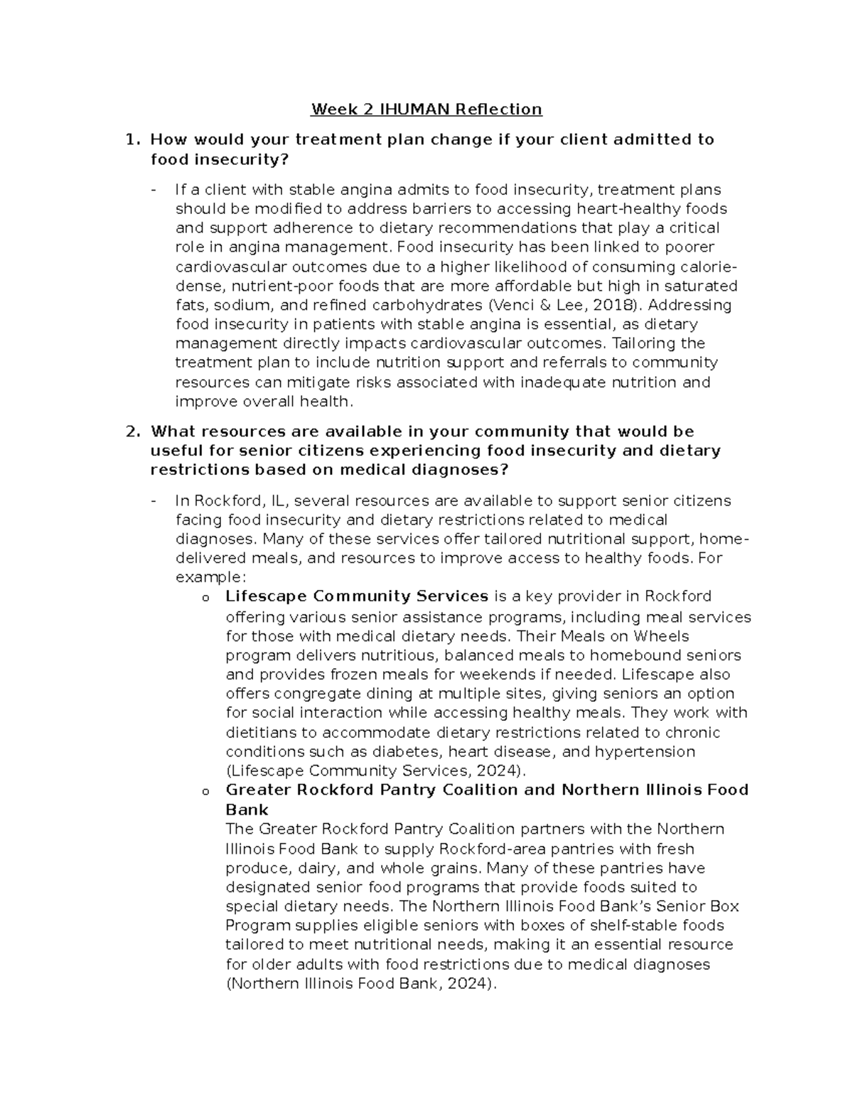 Week 2 IHUMAN Reflection on Food Insecurity & Treatment Plans - Studocu