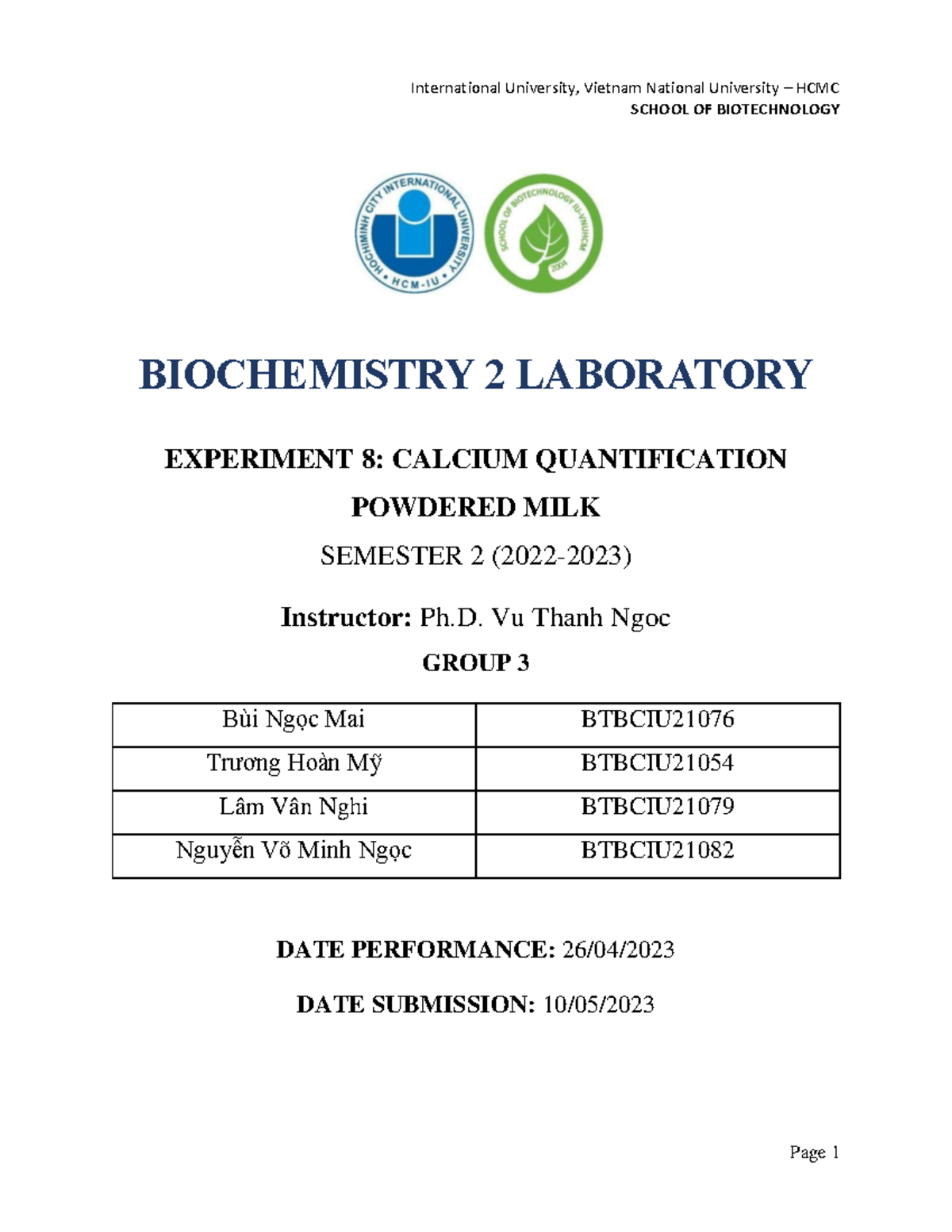 BC2 Biochemistry Lab Report 7: Calcium Quantification in Milk Powder ...
