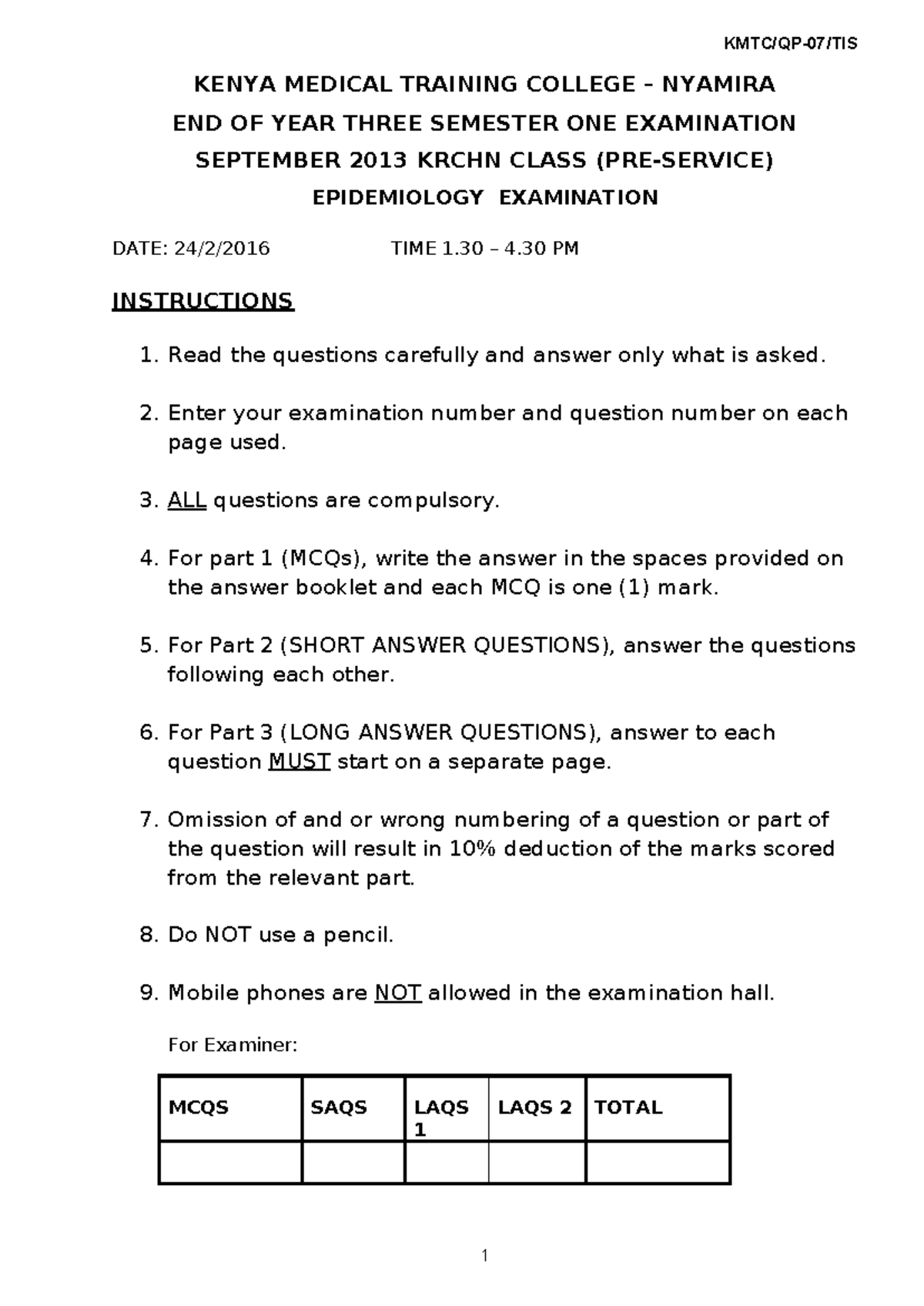 Epidemiology Examination Practice - KMTC/QP-07/TIS Year 3 Sem 1 - Studocu
