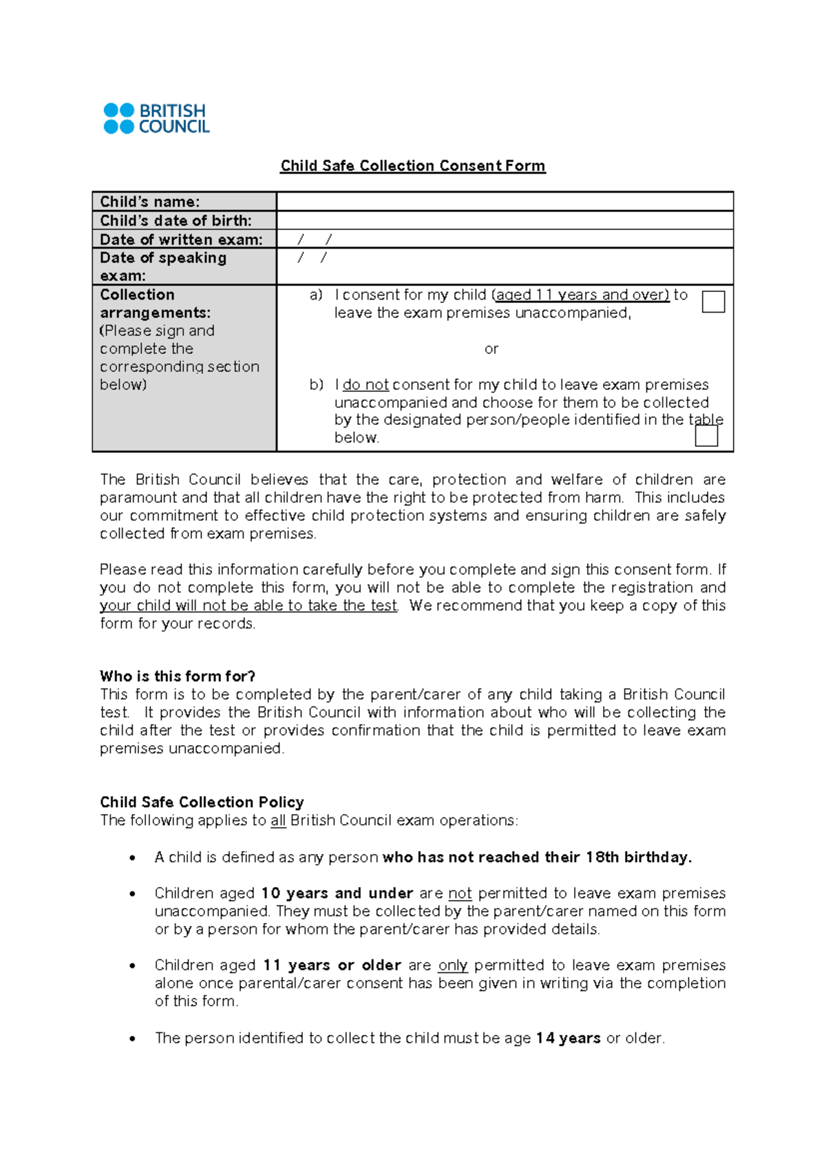Child safe collection consent form - Child Safe Collection Consent Form ...