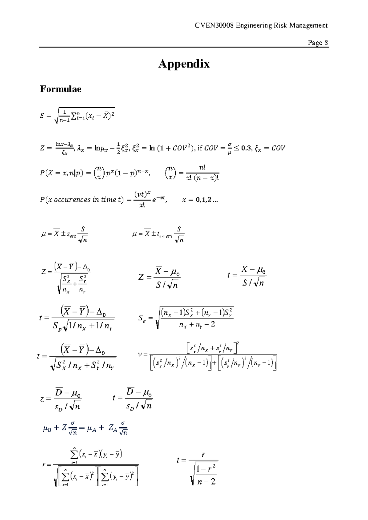 CVEN30008 Engineering Risk Management Final Formula Sheet - Studocu