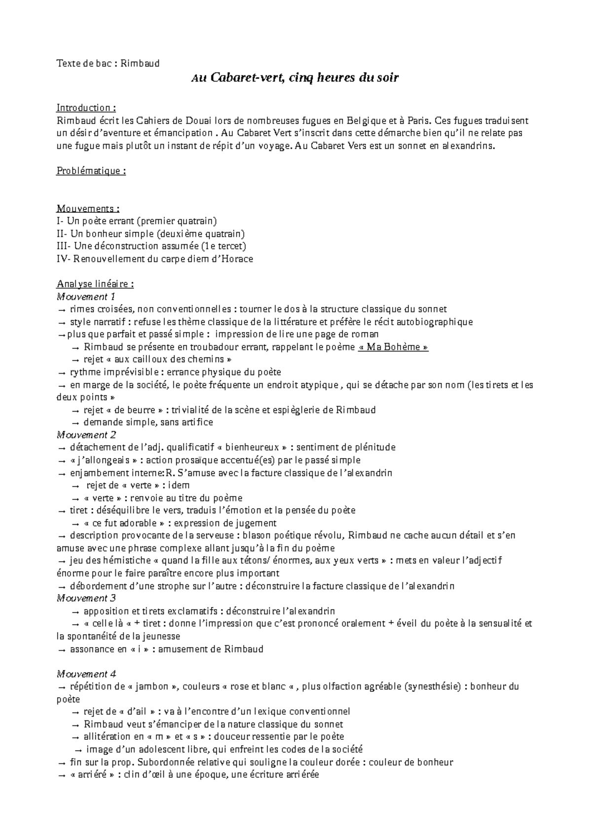 Analyse linéaire : Au cabaret vert de Rimbaud (BAC) - Studocu