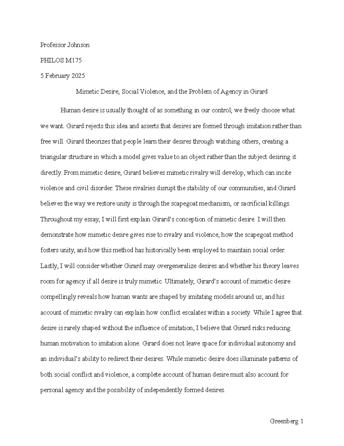 PHILOS M175 Midterm Essay: Mimetic Desire and Social Violence - Studocu