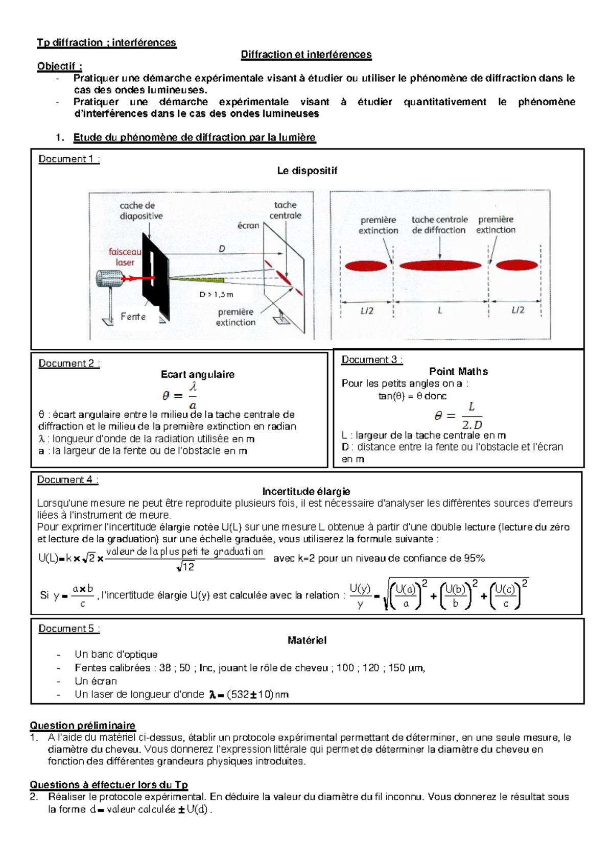 Tp: Diffraction et Interférences en Ondes Lumineuses - Studocu