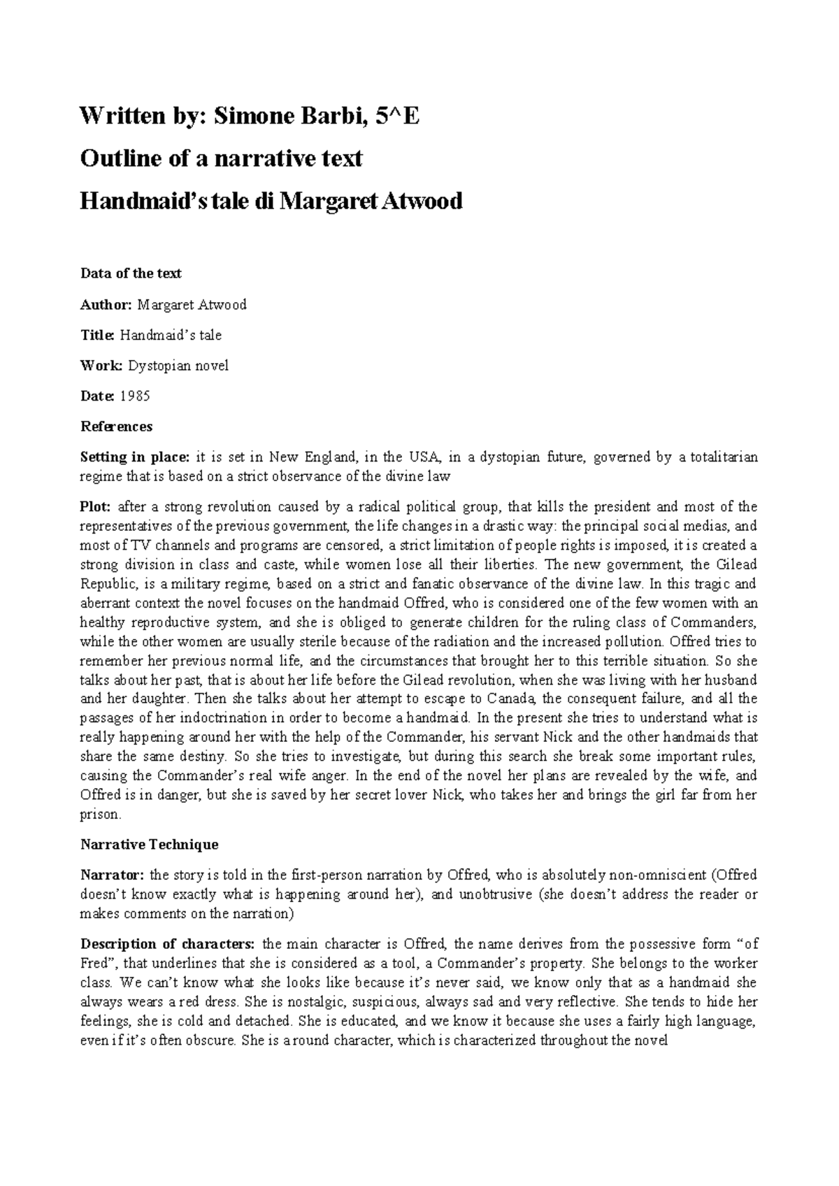 Handmaid's Tale (ENG 101) - Lezione e Analisi del Romanzo - Studocu