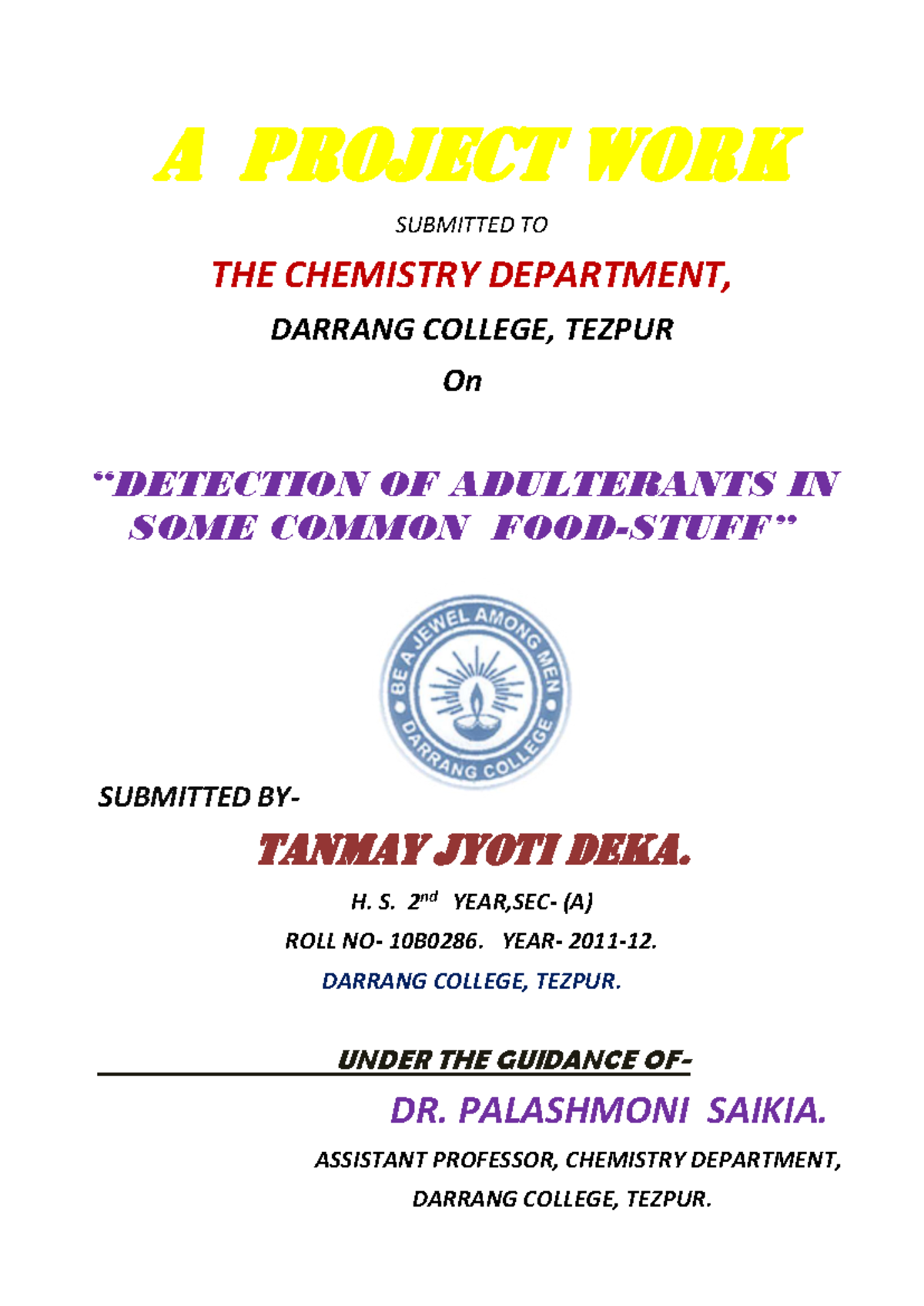 Study of Food Adulterants: A Project for CHEM 2nd Year - Studocu