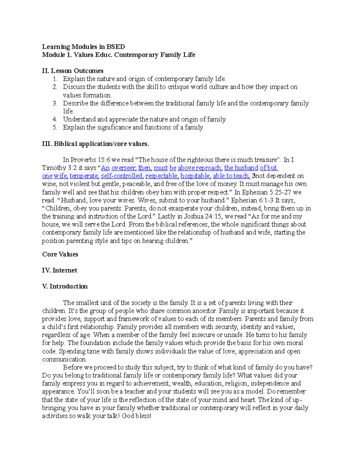 Contemporary Family Life - Learning Modules in BSED Module 1. Values ...