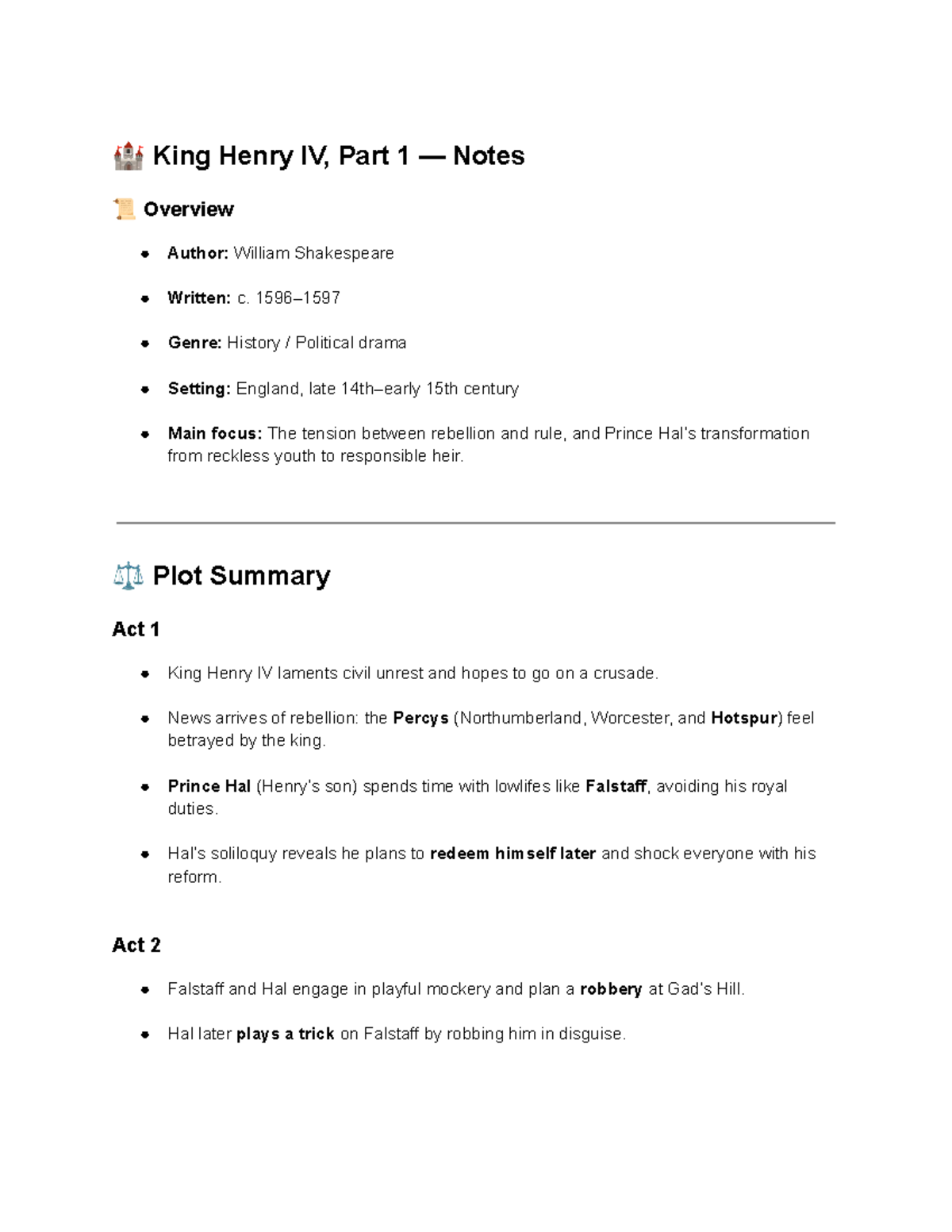 King Henry IV, Part 1: Comprehensive Study Notes - Studocu