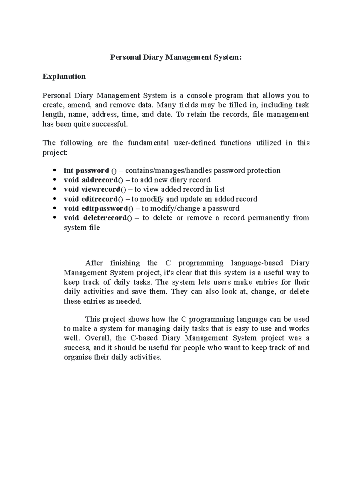 C Programming Project: Personal Diary Management System Overview - Studocu