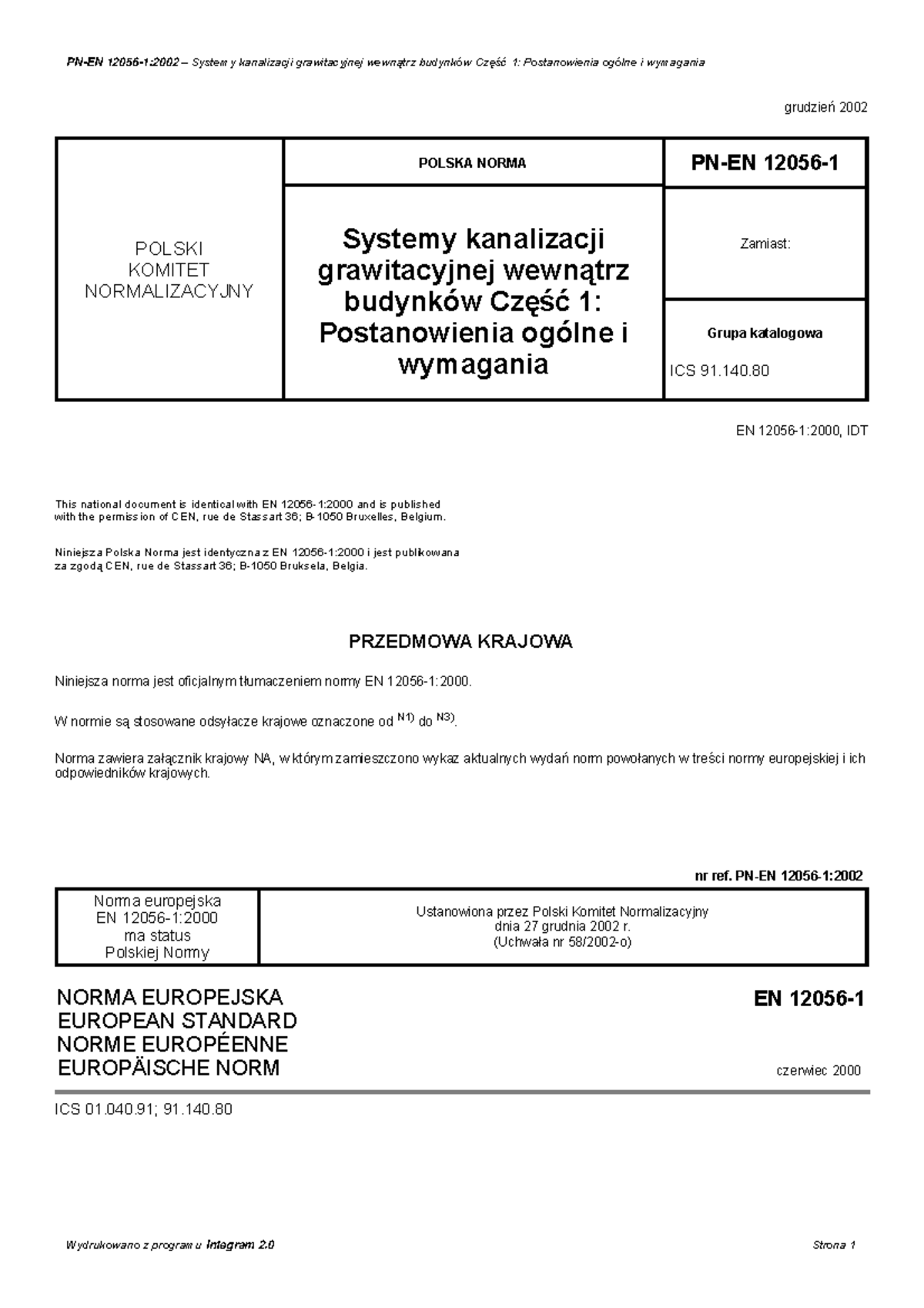 Systemy Kanalizacji Grawitacyjnej Wewnątrz Budynków PN-EN 12056-1 ...