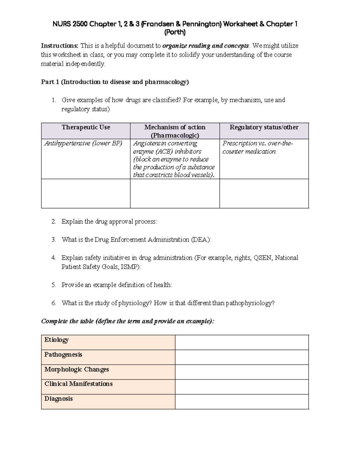 NURS 2500 Worksheets for Chapters 1, 2 & 3: Pharmacology Concepts - Studocu