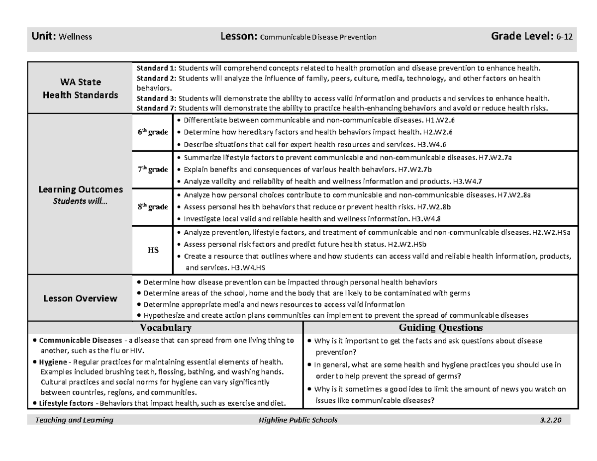 Communicable Disease Prevention Lesson Plan 32204 - WA State Health ...