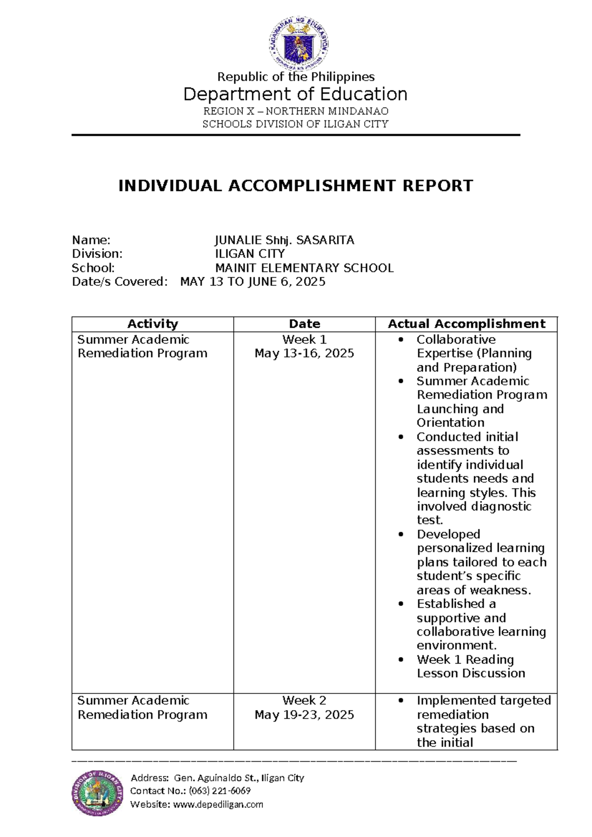 Accomplishment Report: Summer Academic Remediation Program 2025 - Studocu