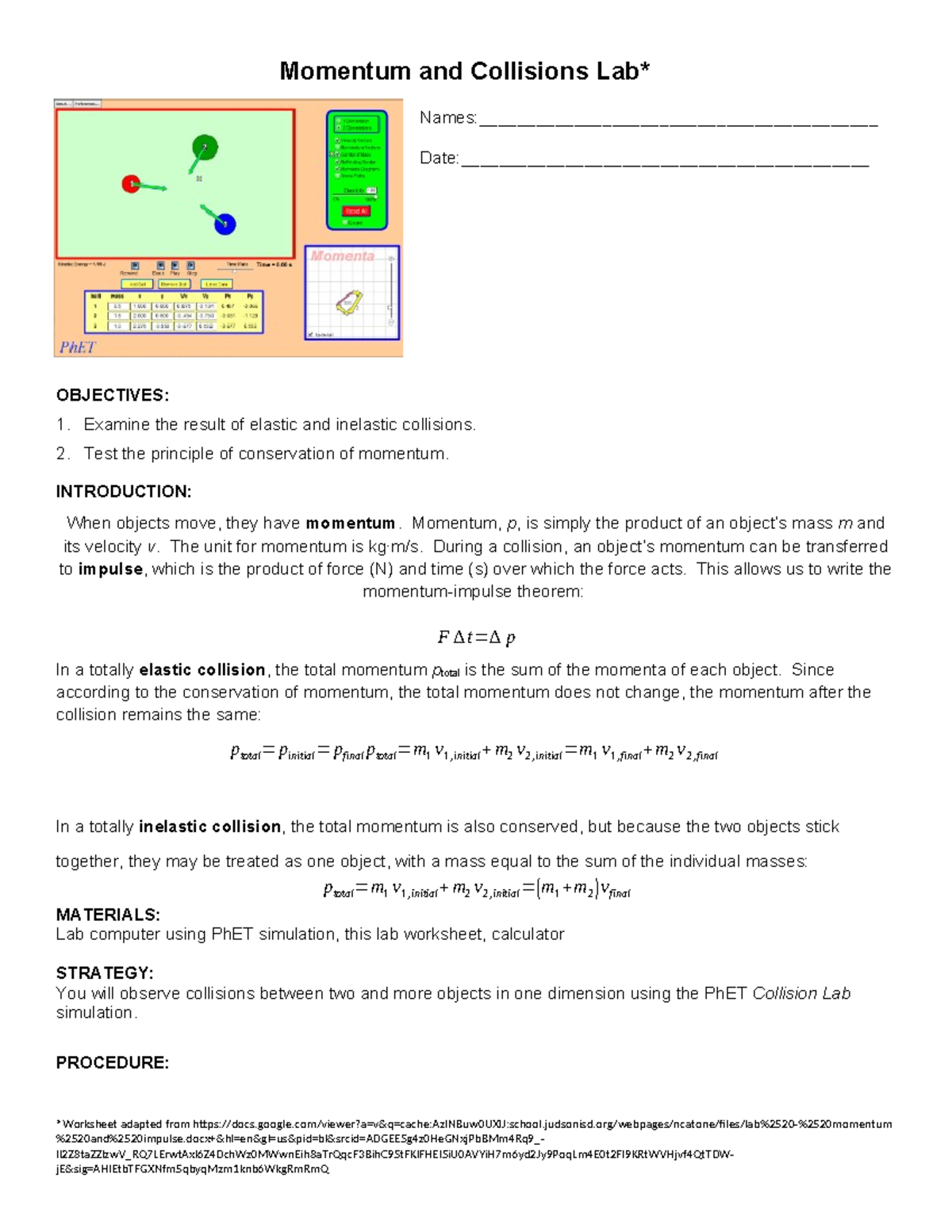Momentum and Collisions PHET Lab Worksheet - Studocu