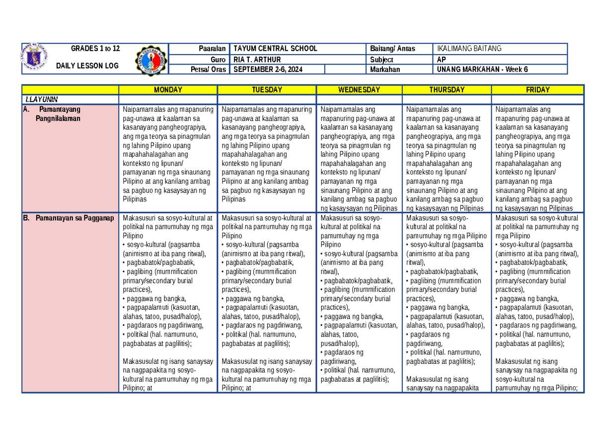 DLL WEEK 6 AP V - Performance Task - GRADES 1 to 12 DAILY LESSON LOG ...