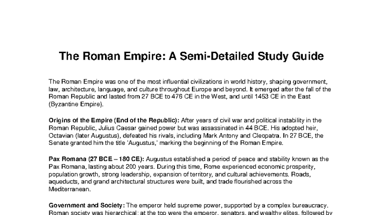 Roman Empire Study Guide: Key Events and Contributions - Studocu
