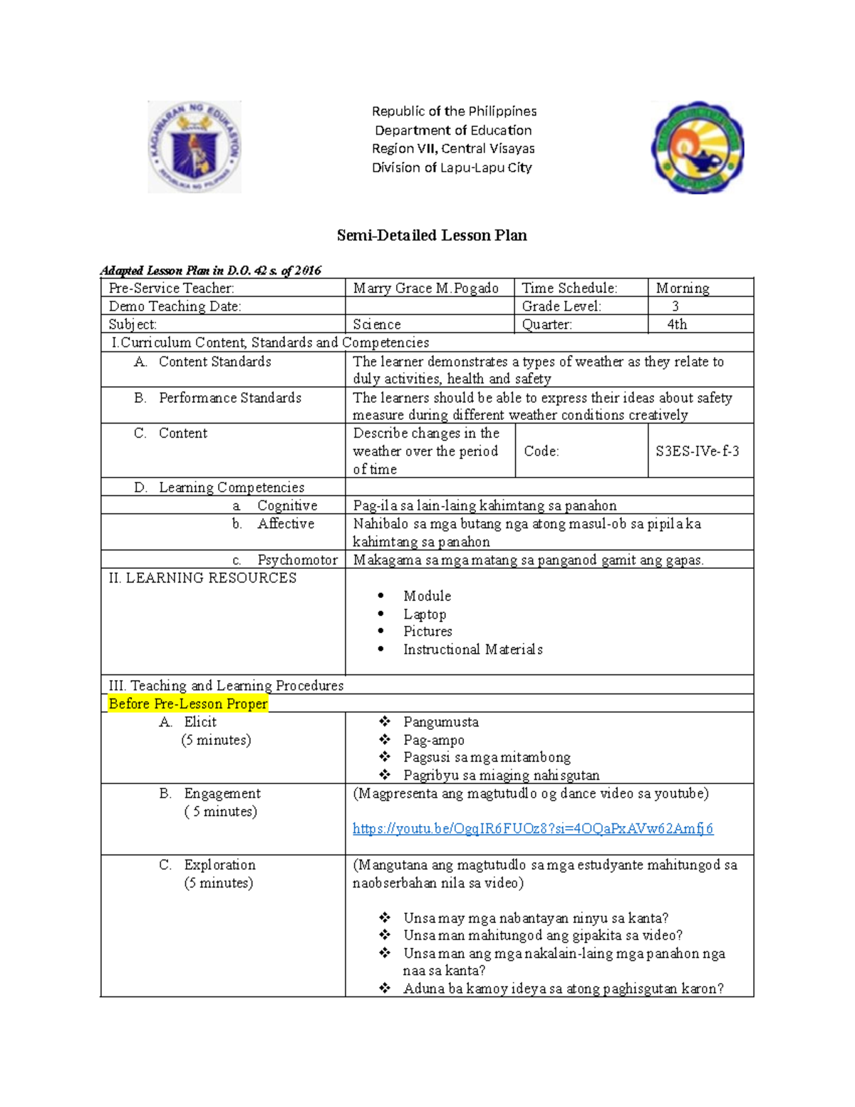 Science SEMI-DETAILED LESSON PLAN - Republic of the Philippines ...