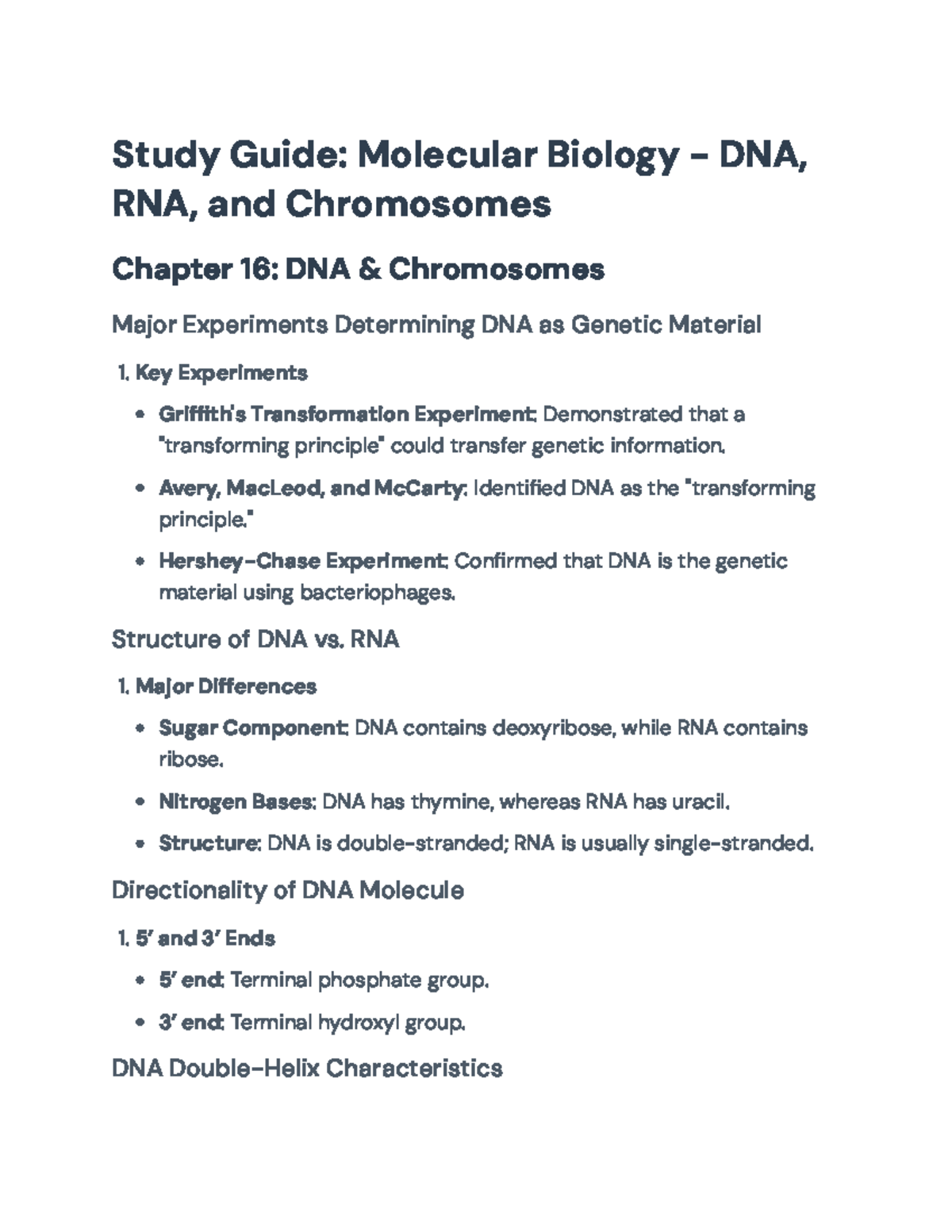 Molecular Biology Study Guide: DNA, RNA, and Chromosomes Concepts ...