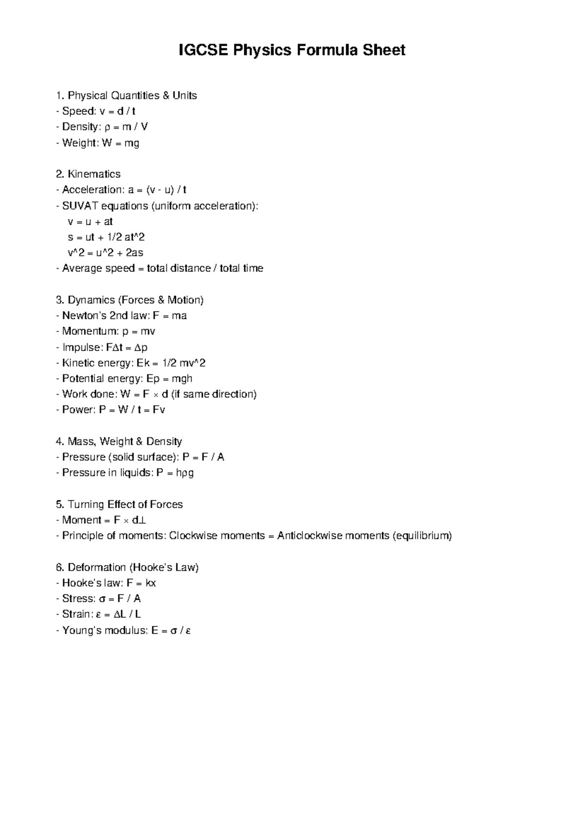 IGCSE Physics Formula Sheet: Key Concepts & Equations - Studocu