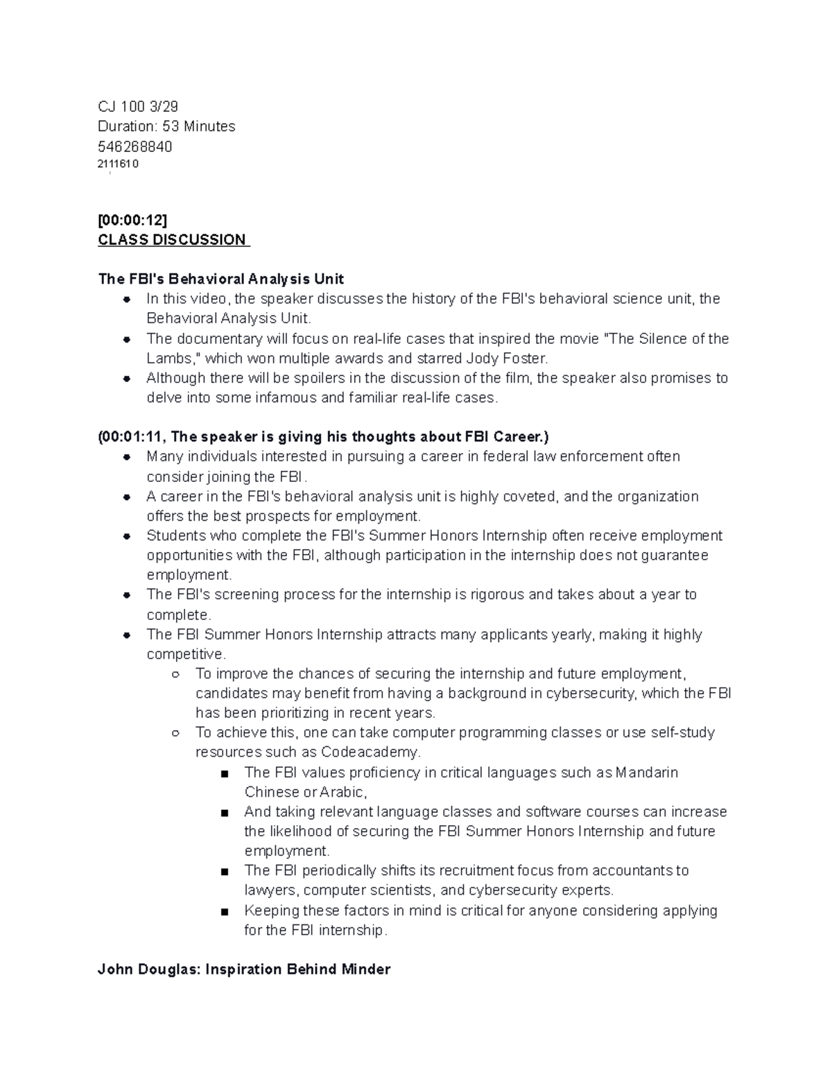 CJ 100 3/29 Comprehensive Summary of FBI's Behavioral Analysis Unit ...