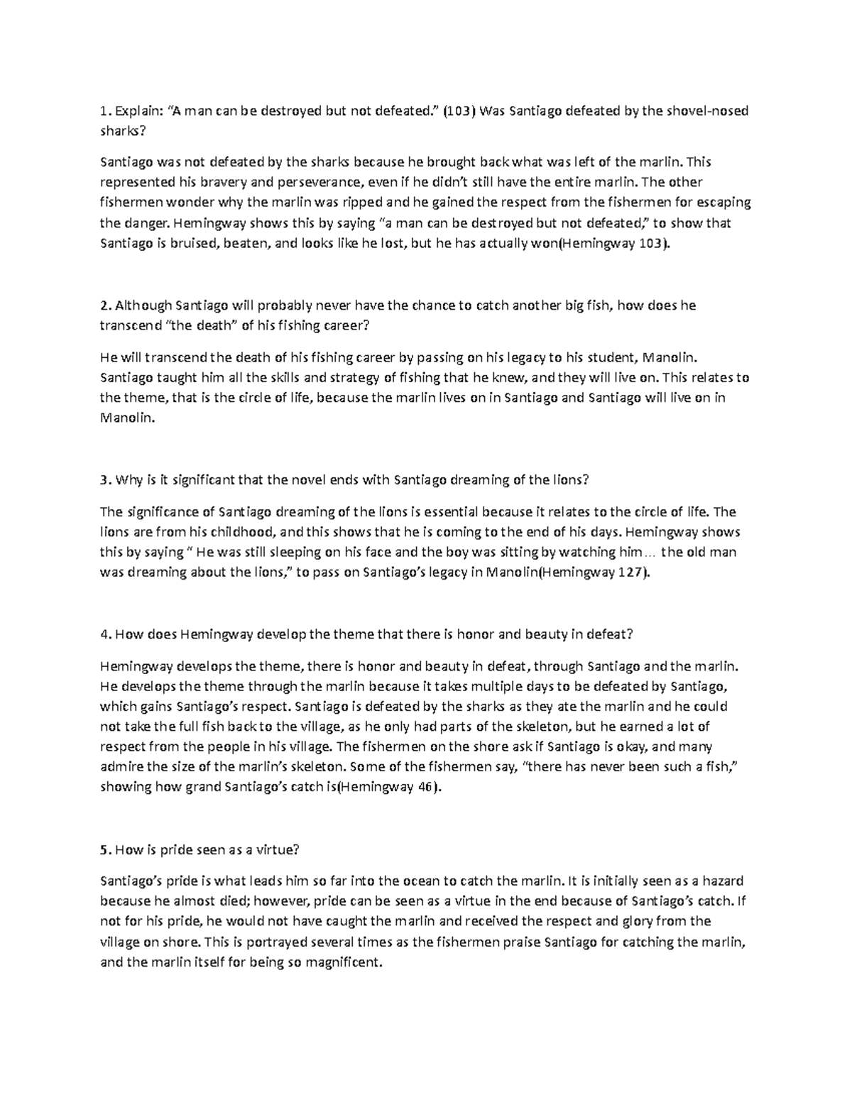 Final Exam Essay Notes: Old Man and the Sea (122-128) Analysis - Studocu