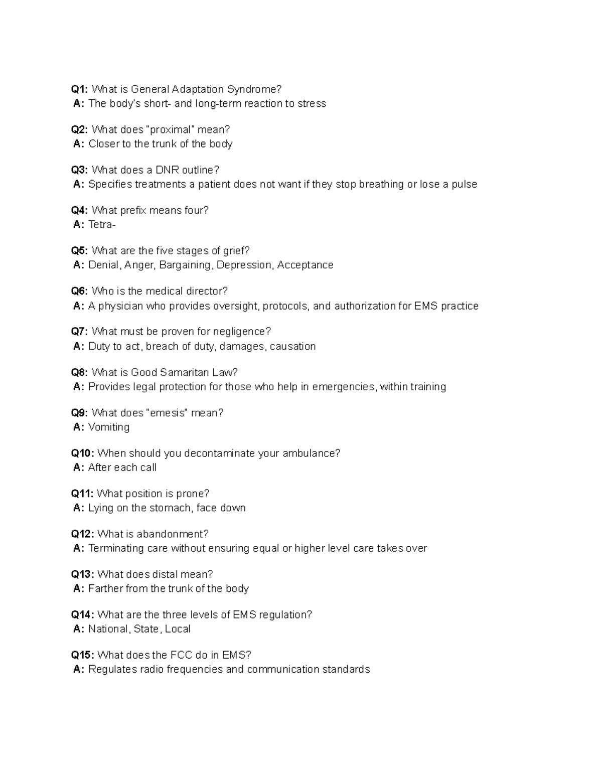 EMT Module 1: Exam Review Q&A for Stress & Patient Care - Studocu