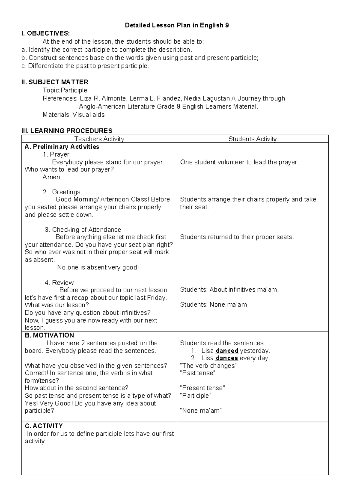 Detailed Lesson Plan on Participle in English 9 - Studocu
