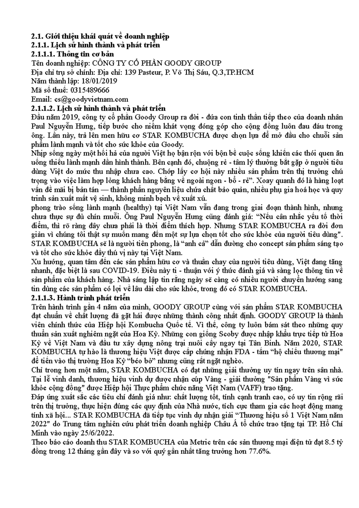 2 - Tổng quan doanh nghiệp Goody Group và sản phẩm STAR KOMBUCHA - Studocu