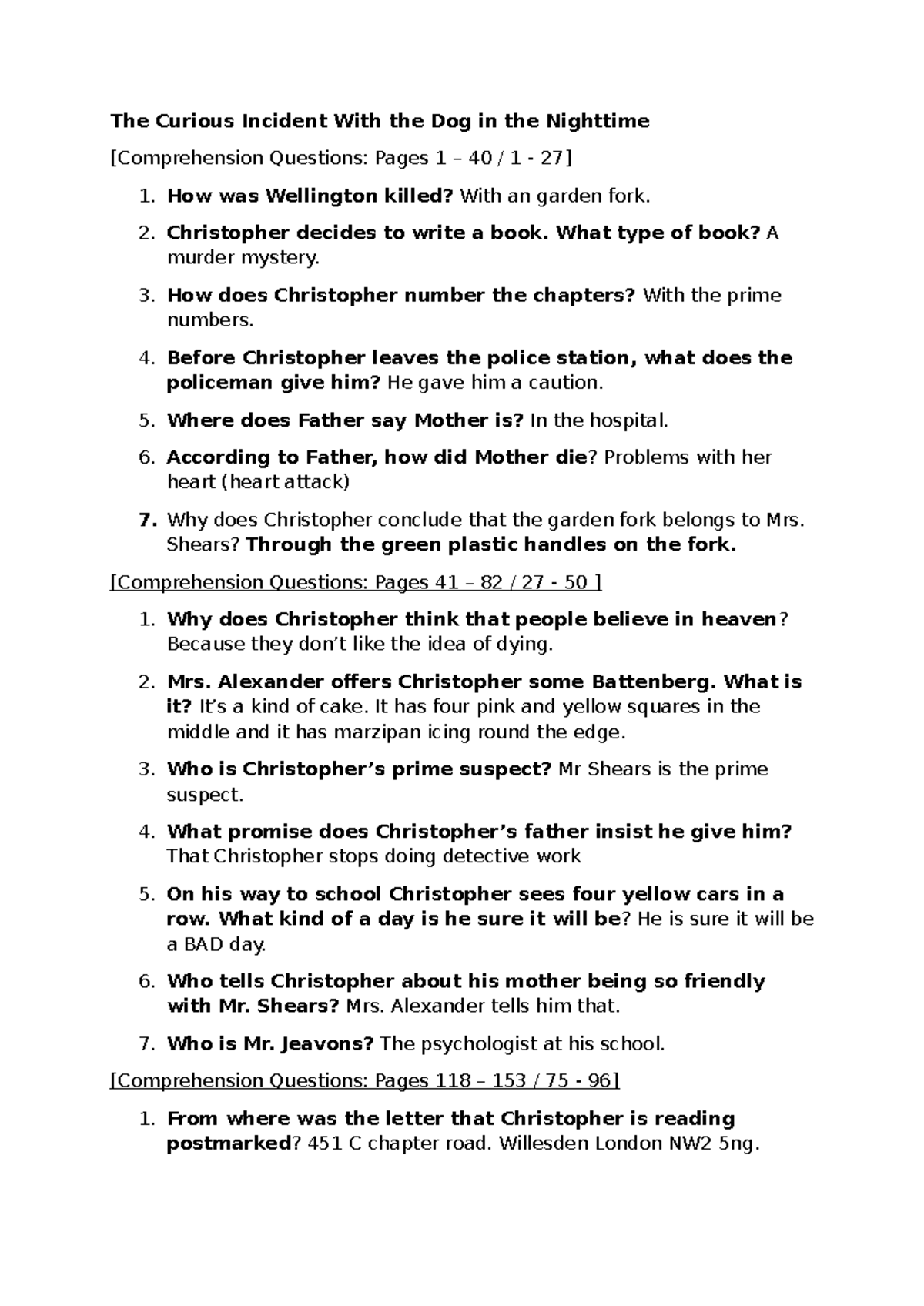 The Curious Incident With the Dog in the Nighttime: Study Questions ...