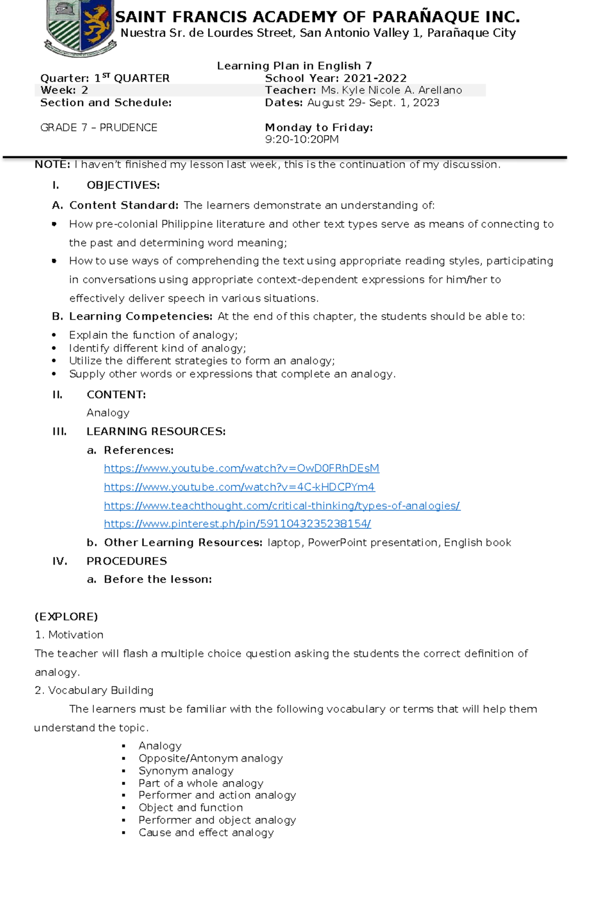 Learning Plan: Analogy in Grade 7 English (ENG 7 - Q1) - Studocu