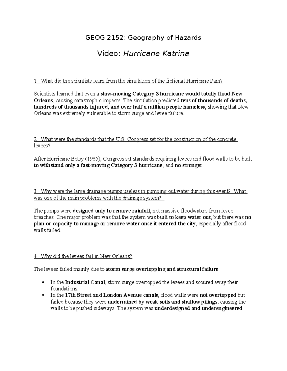 GEOG 2152: Video Questions on Hurricane Katrina's Impact and Lessons ...