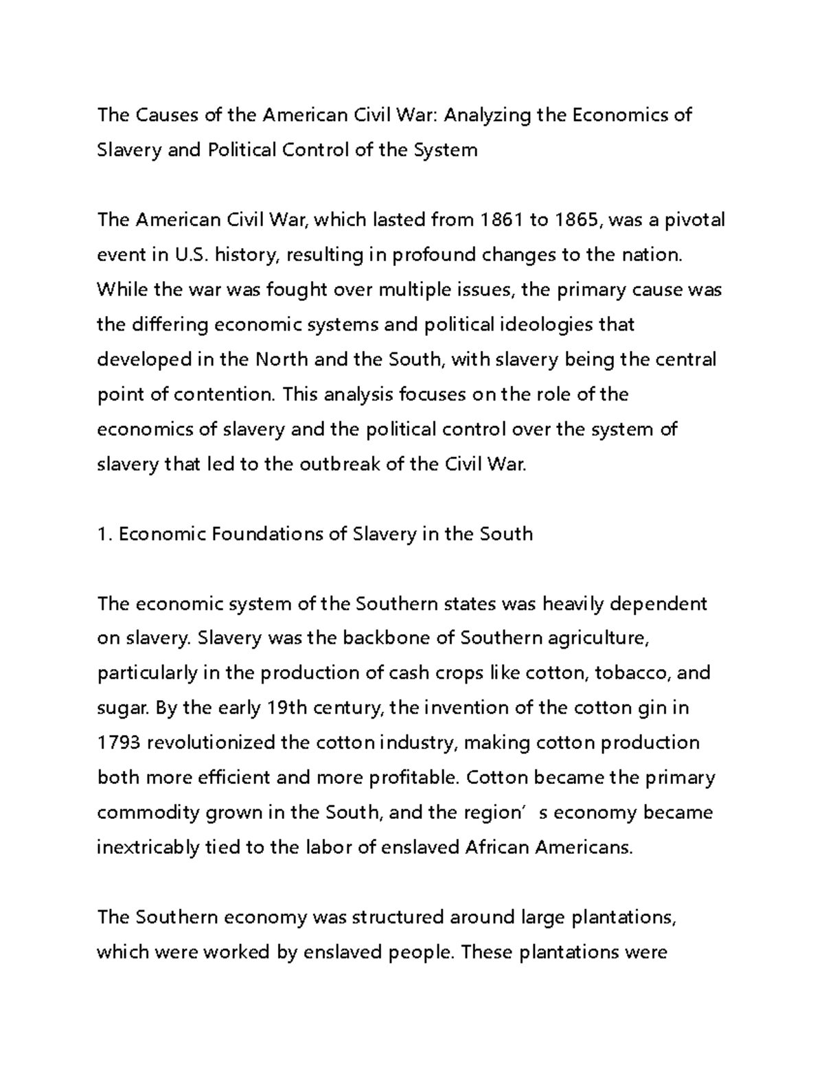 The Economics and Politics of Slavery: Causes of the American Civil War ...