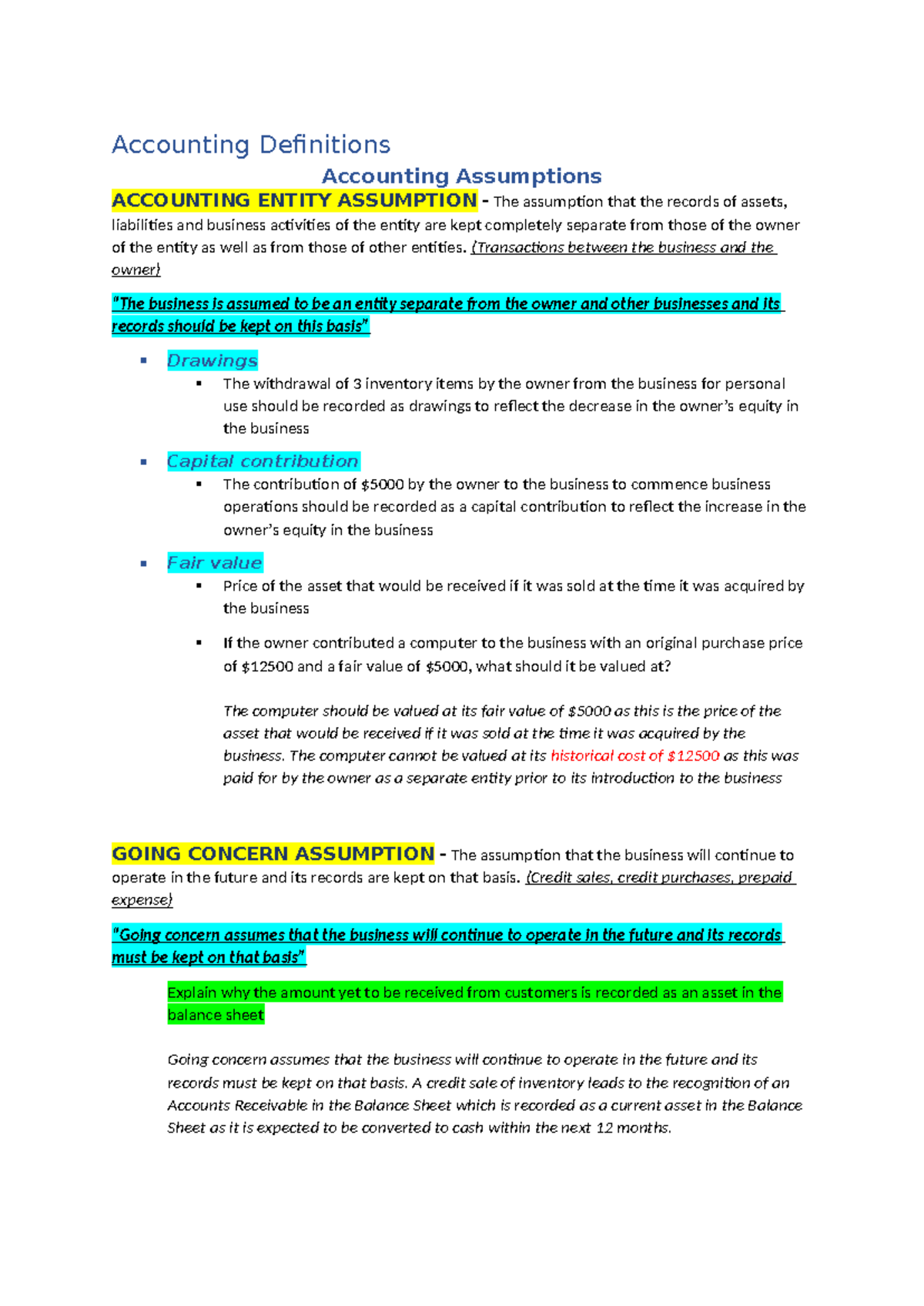 Summary Notes - Accounting Definitions Accounting Assumptions ...