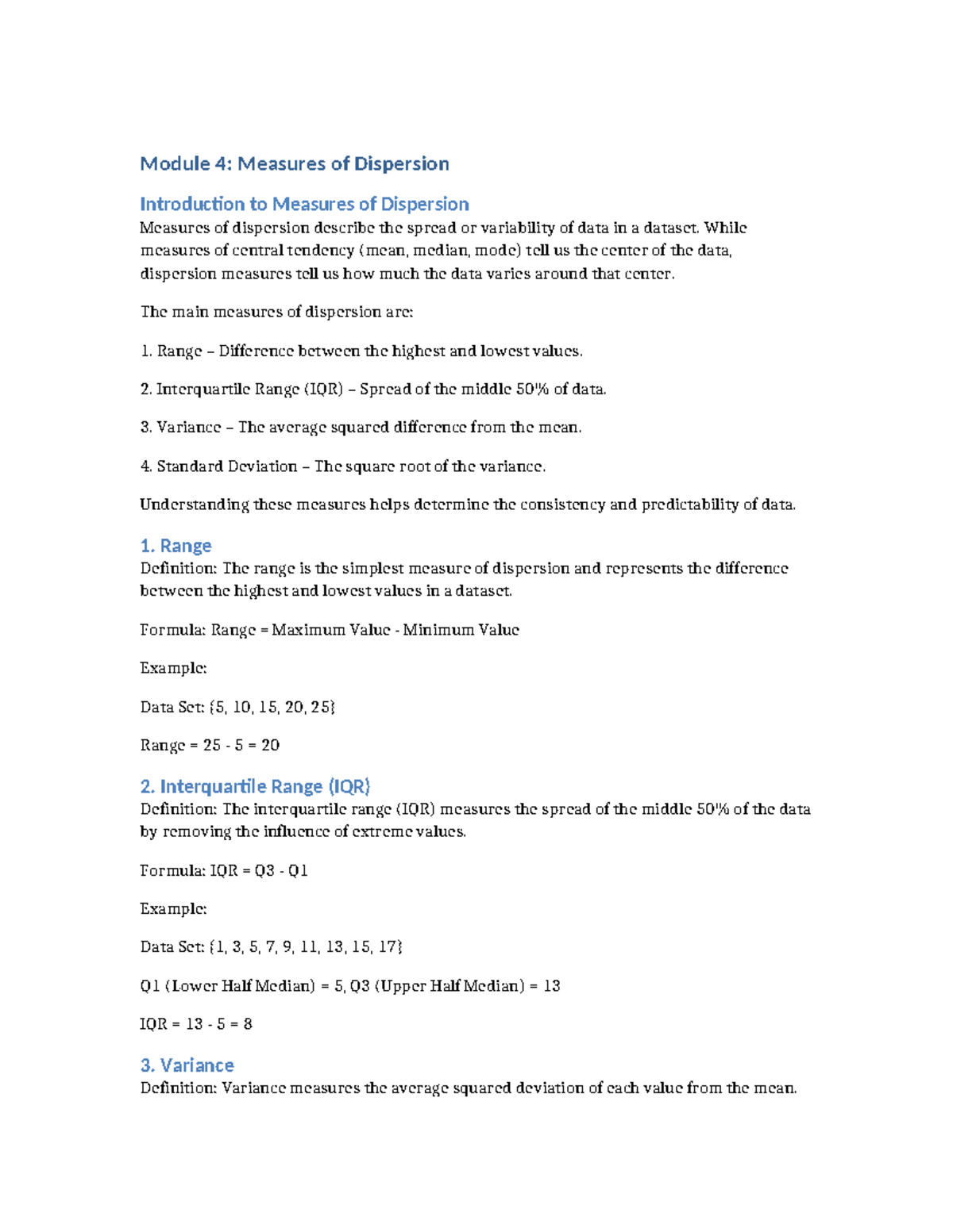 Module 4: Understanding Measures of Dispersion in Data Analysis - Studocu