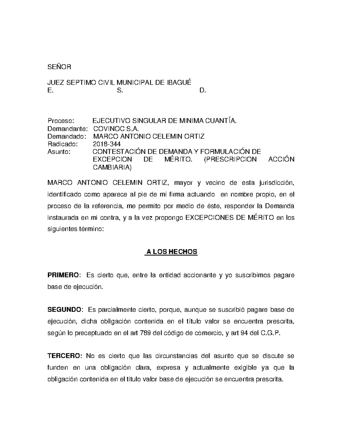 Contestación de Demanda Ejecutiva DDA - Marco Antonio Celemin Ortiz ...