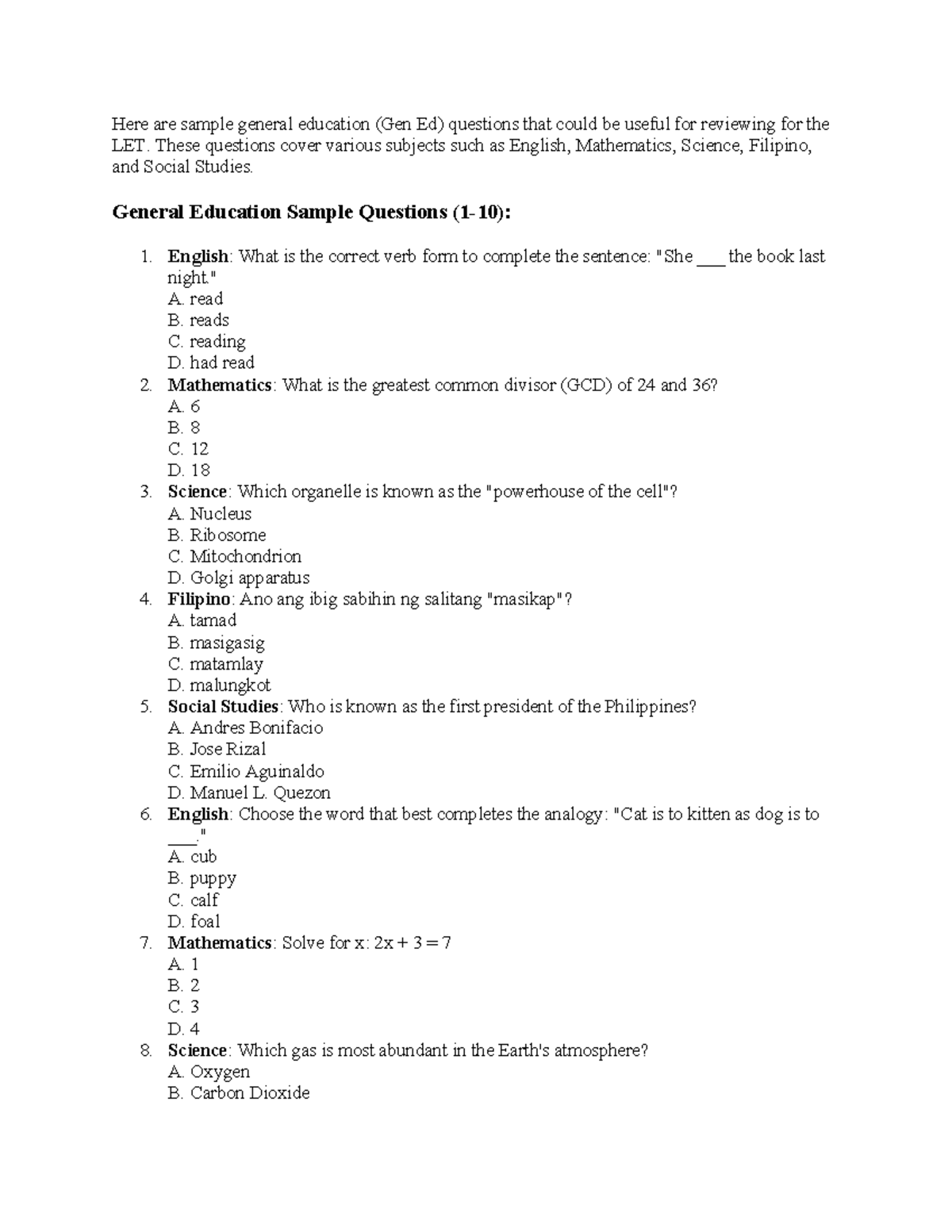 Gen Ed Sample Questions for LET Preparation (1-10) - Studocu