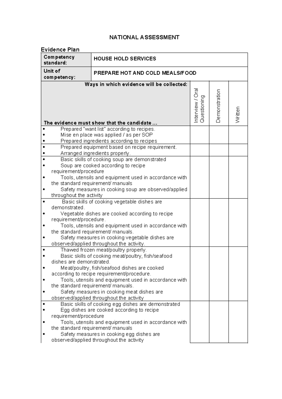 NATIONAL ASSESSMENT: Prepare Hot and Cold Dishes - Competency Standards ...